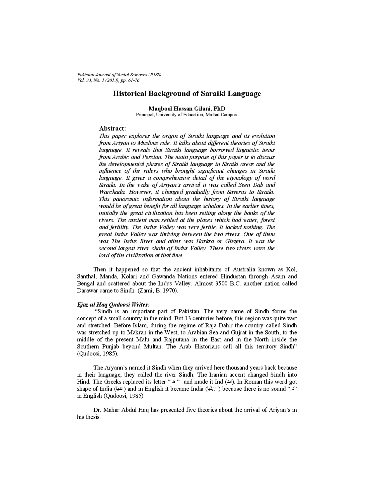 Historical Background of Saraiki Language | Lecture notes Urdu | Docsity