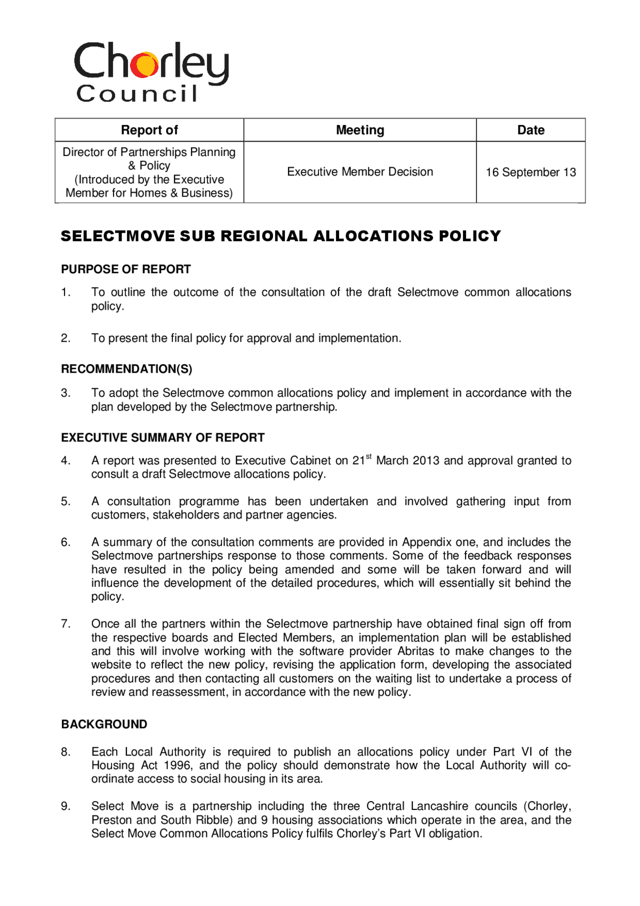 Selectmove Sub Regional Allocations Policy Lecture Notes Business