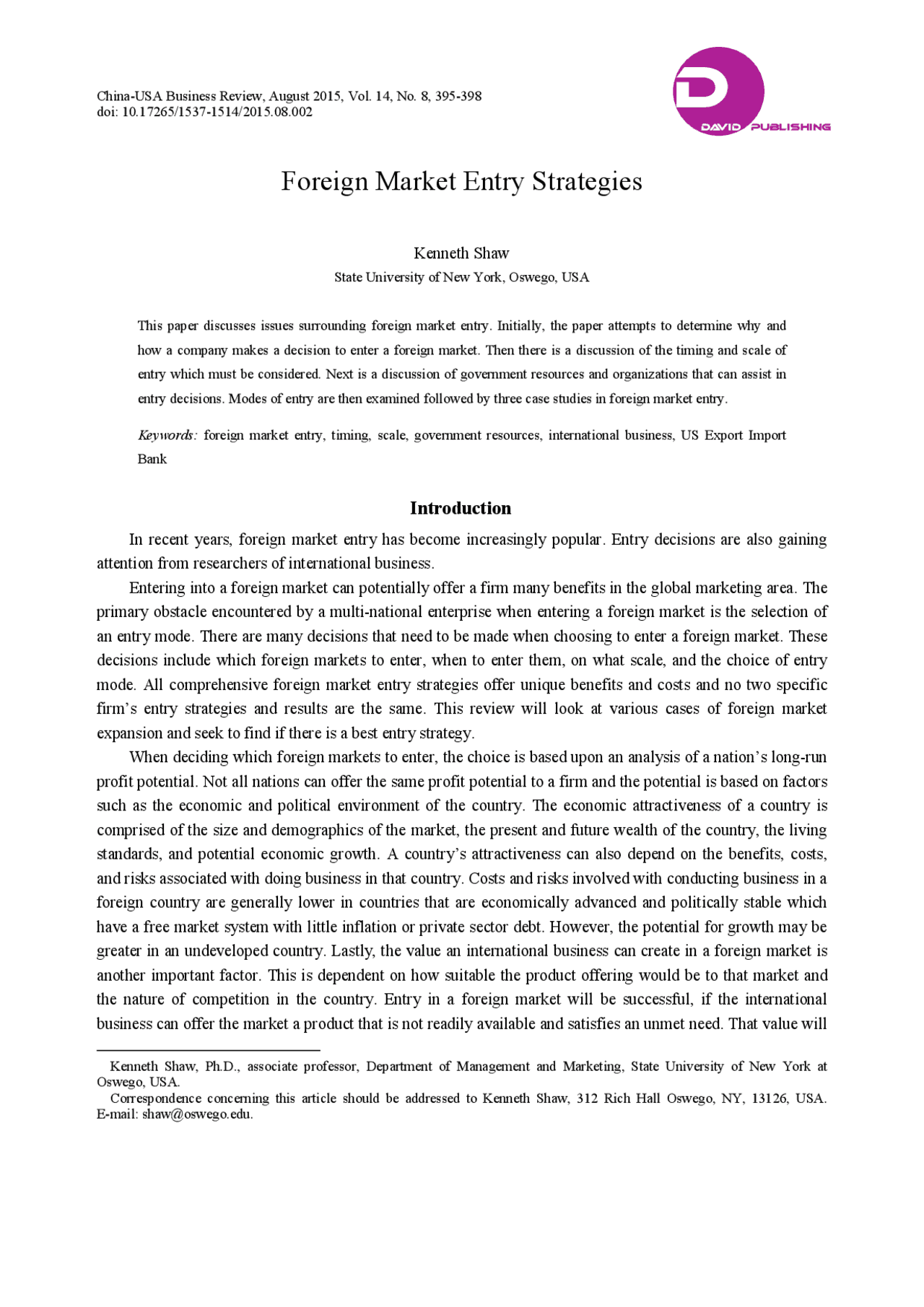 Foreign Market Entry Strategies | Summaries Business | Docsity