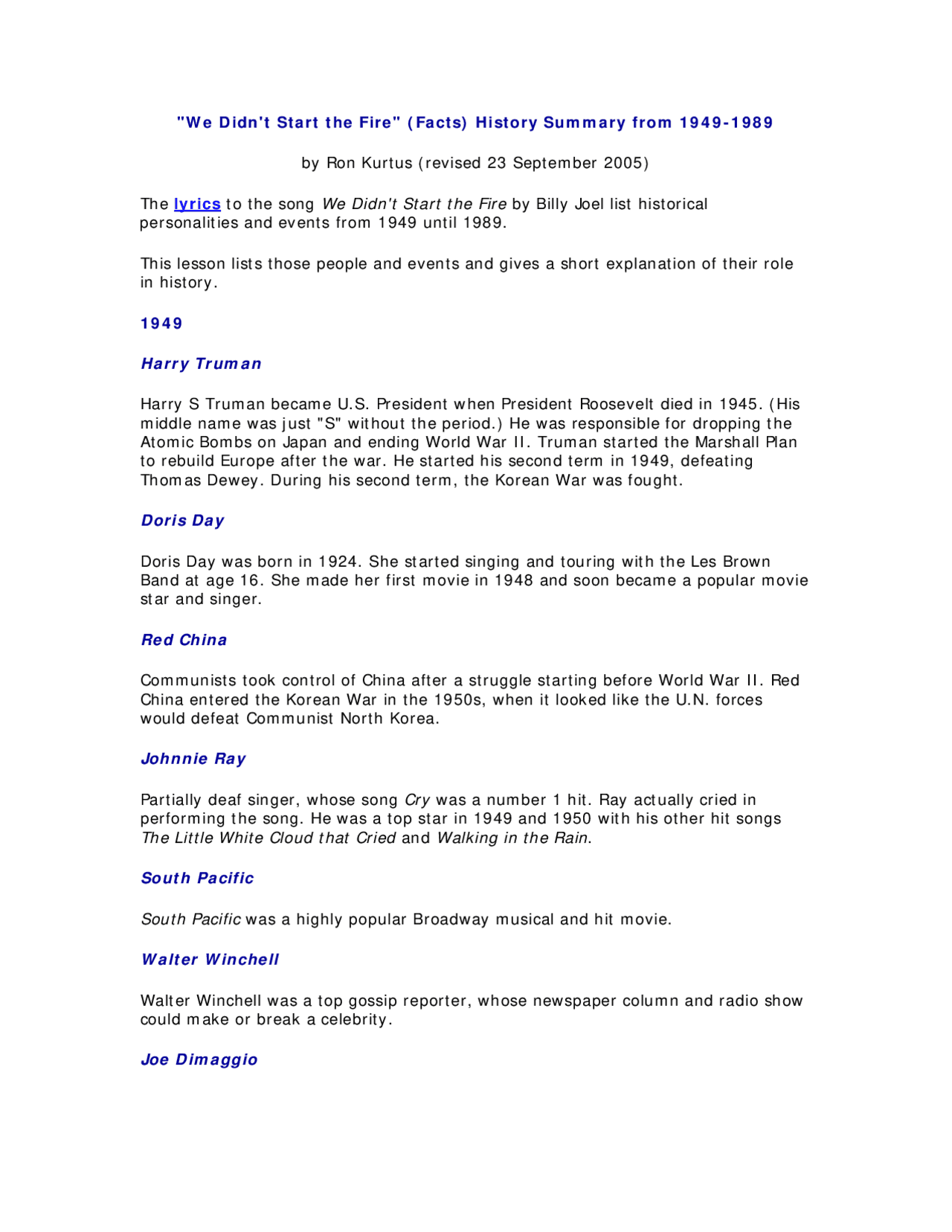 We Didn't Start the Fire (Facts) History Summary from 1949 ... | Study ...