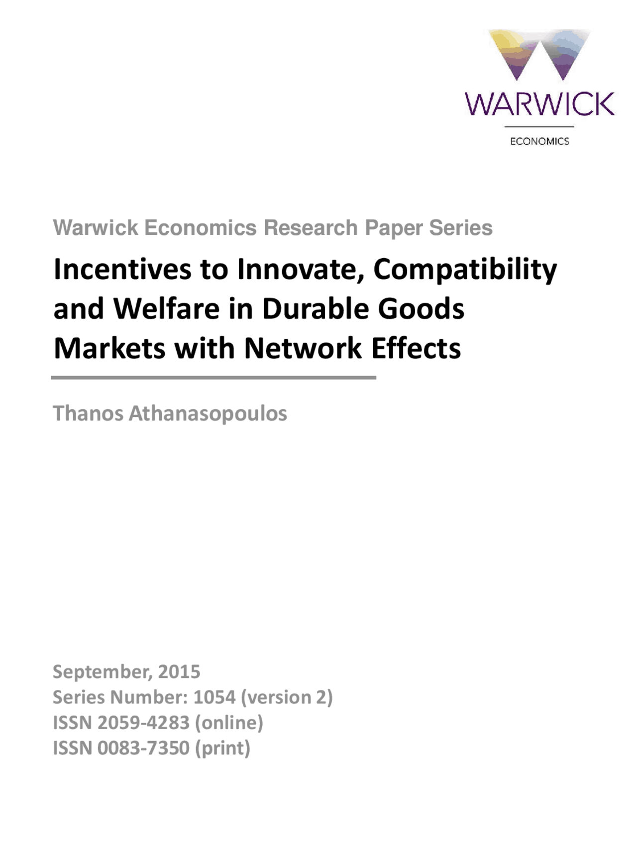 Warwick Economics Research Paper Series | Summaries Economics - Docsity