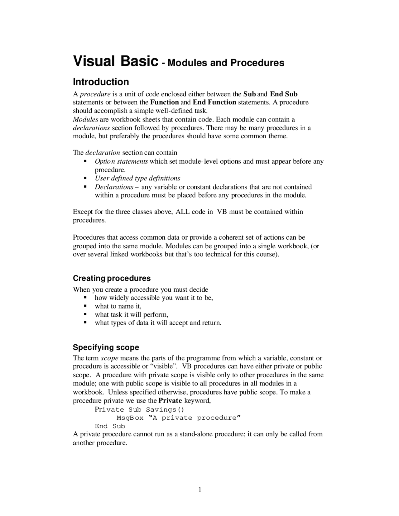 Visual Basic Modules And Procedures Introduction Lecture Notes Web