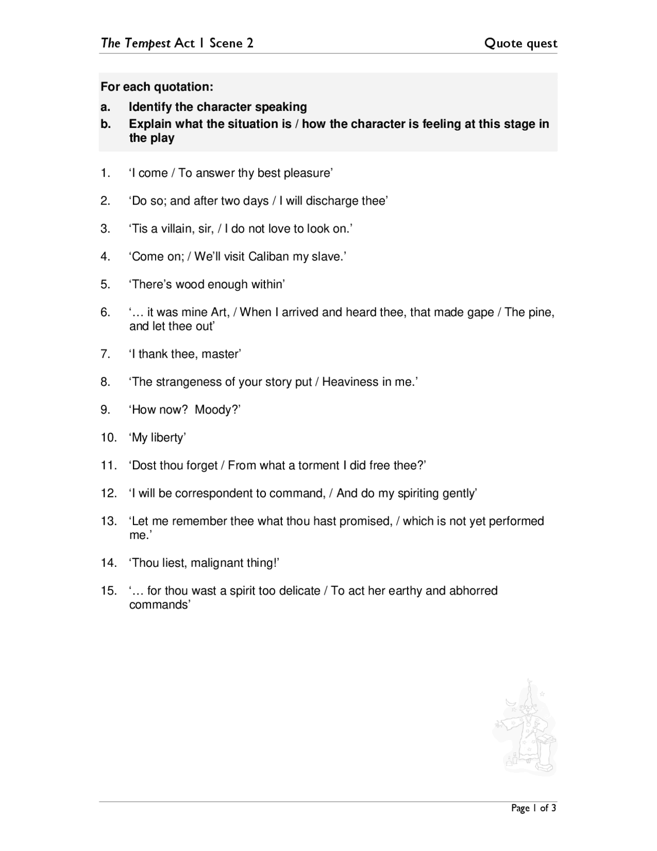 The Tempest Act 1 Scene 2 Quote quest | Summaries Art | Docsity