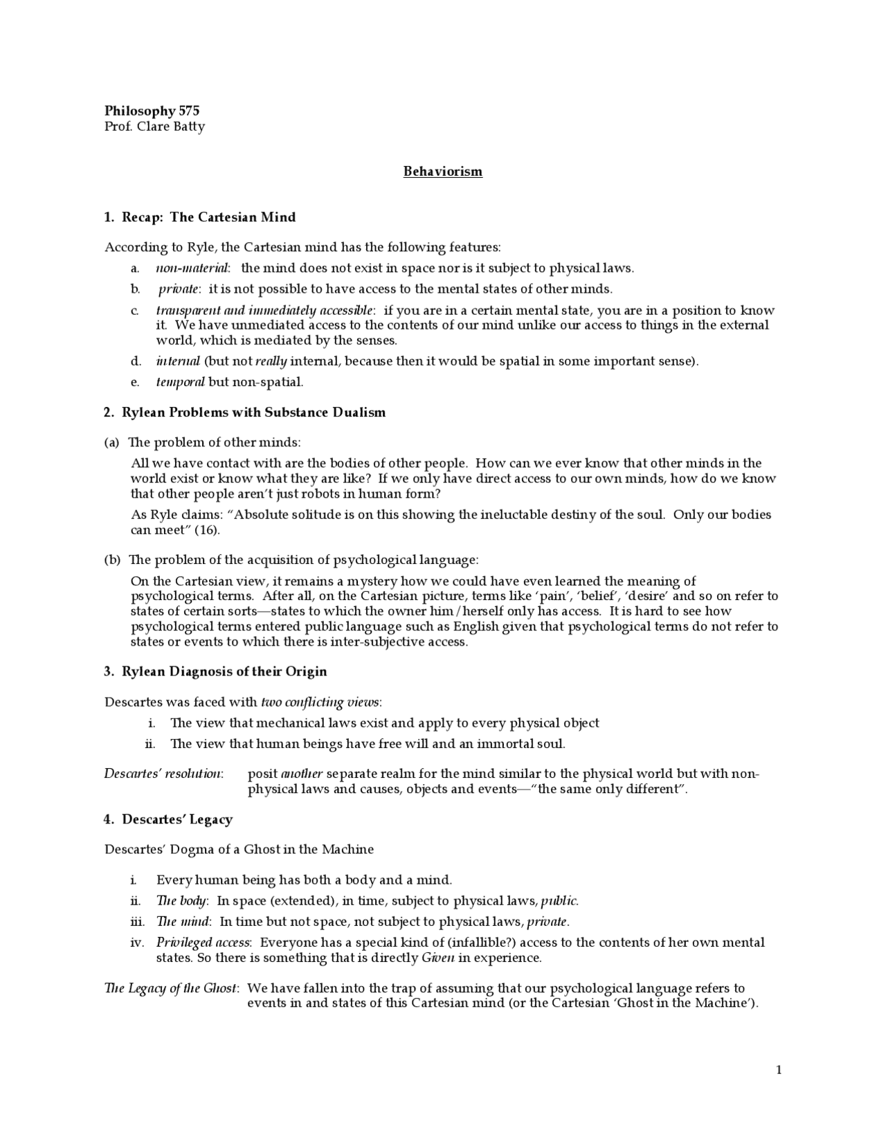Phi 575 Behaviorism Lecture Notes English Docsity
