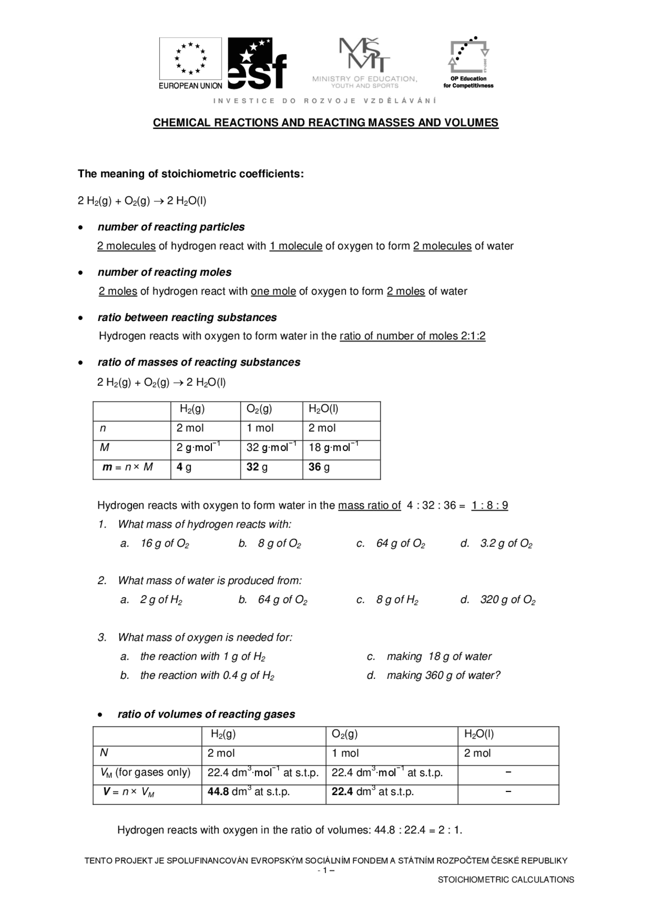 CHEMICAL REACTIONS AND REACTING MASSES AND ... | Study notes Analytical ...