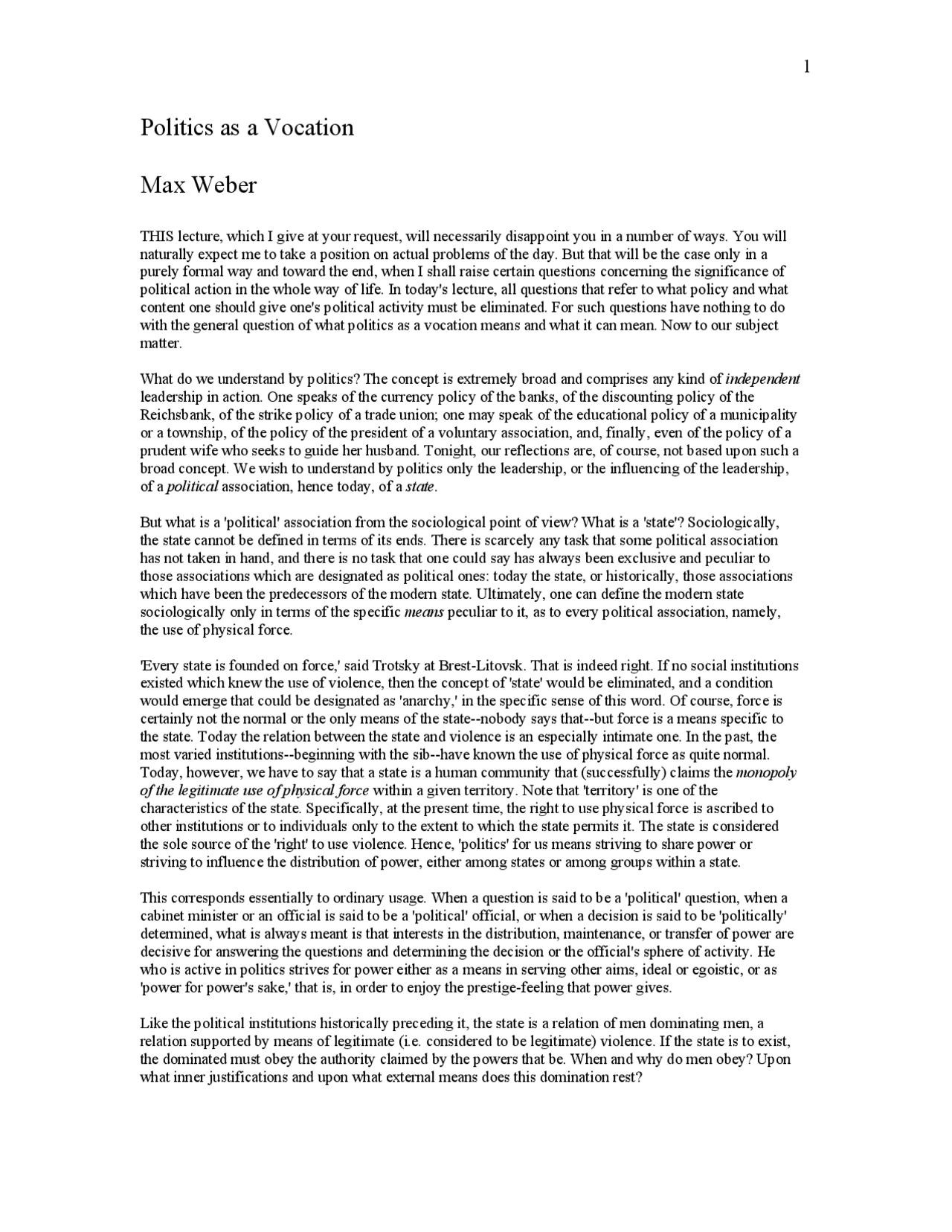 Politics as a Vocation Max Weber | Study notes Ethics | Docsity