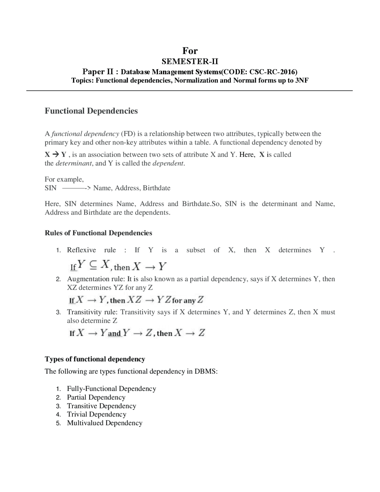 Semester Ii Functional Dependencies Summaries Database Management