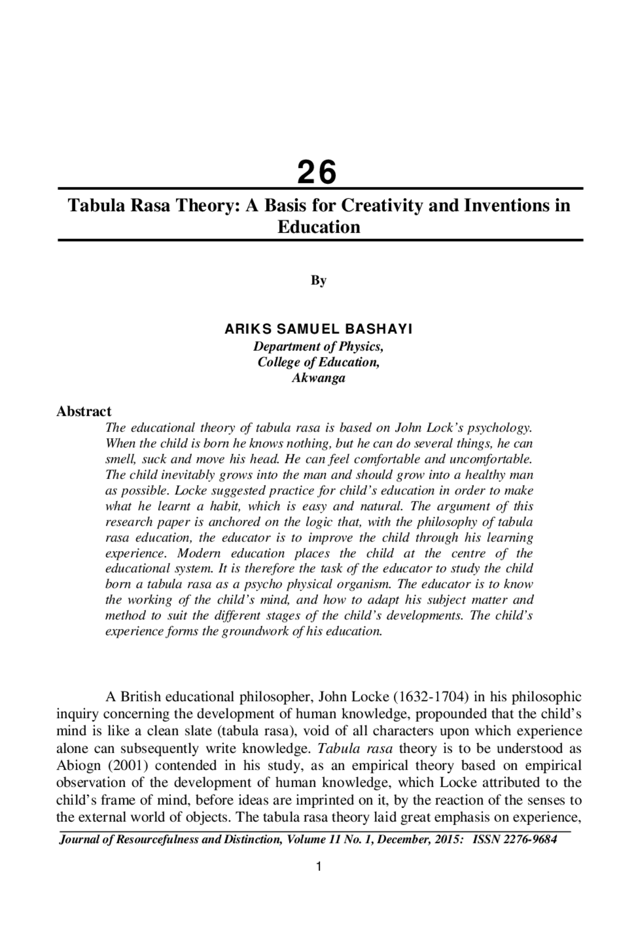 Tabula Rasa Theory: A Basis for Creativity and Inventions in ...
