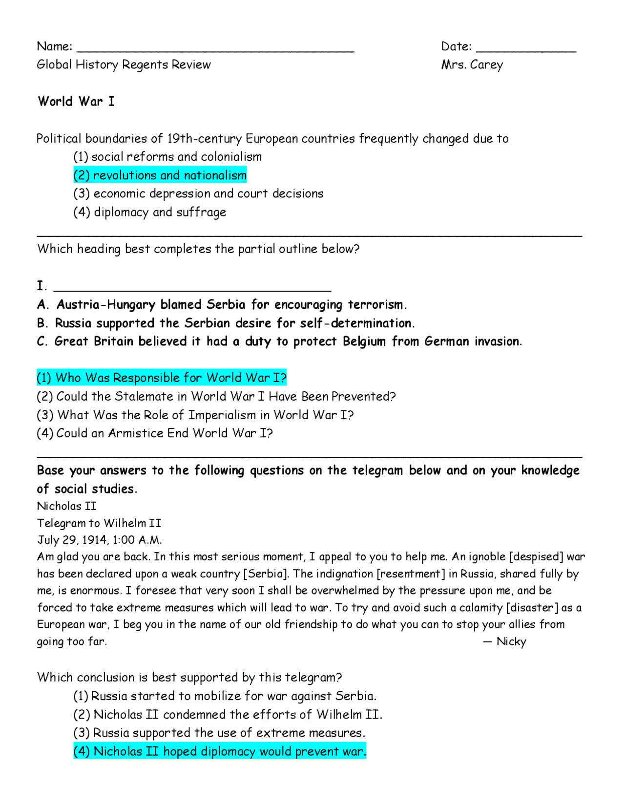 Global History Regents Review Mrs. Carey World War I Political | Study ...