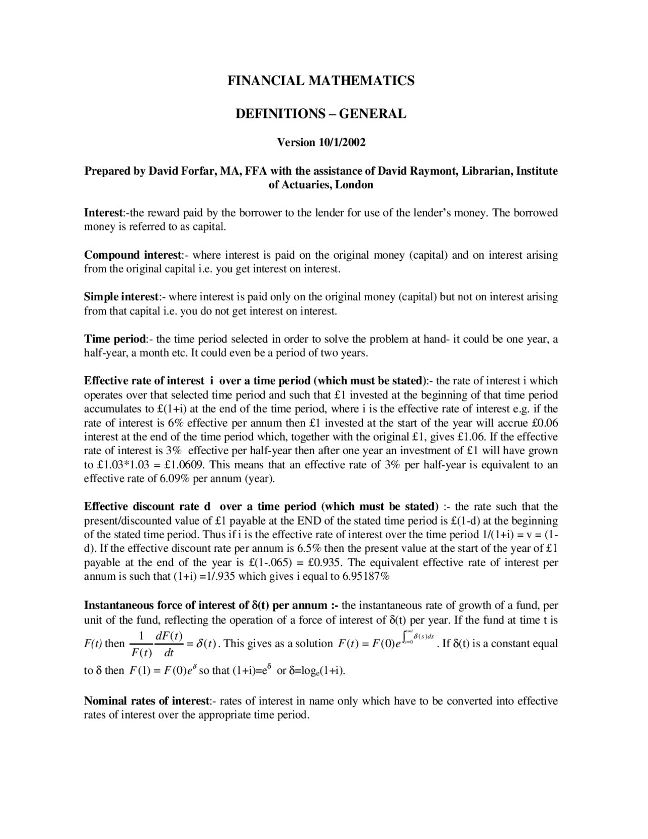 Financial Mathematics Definitions General Exercises Mathematics Docsity