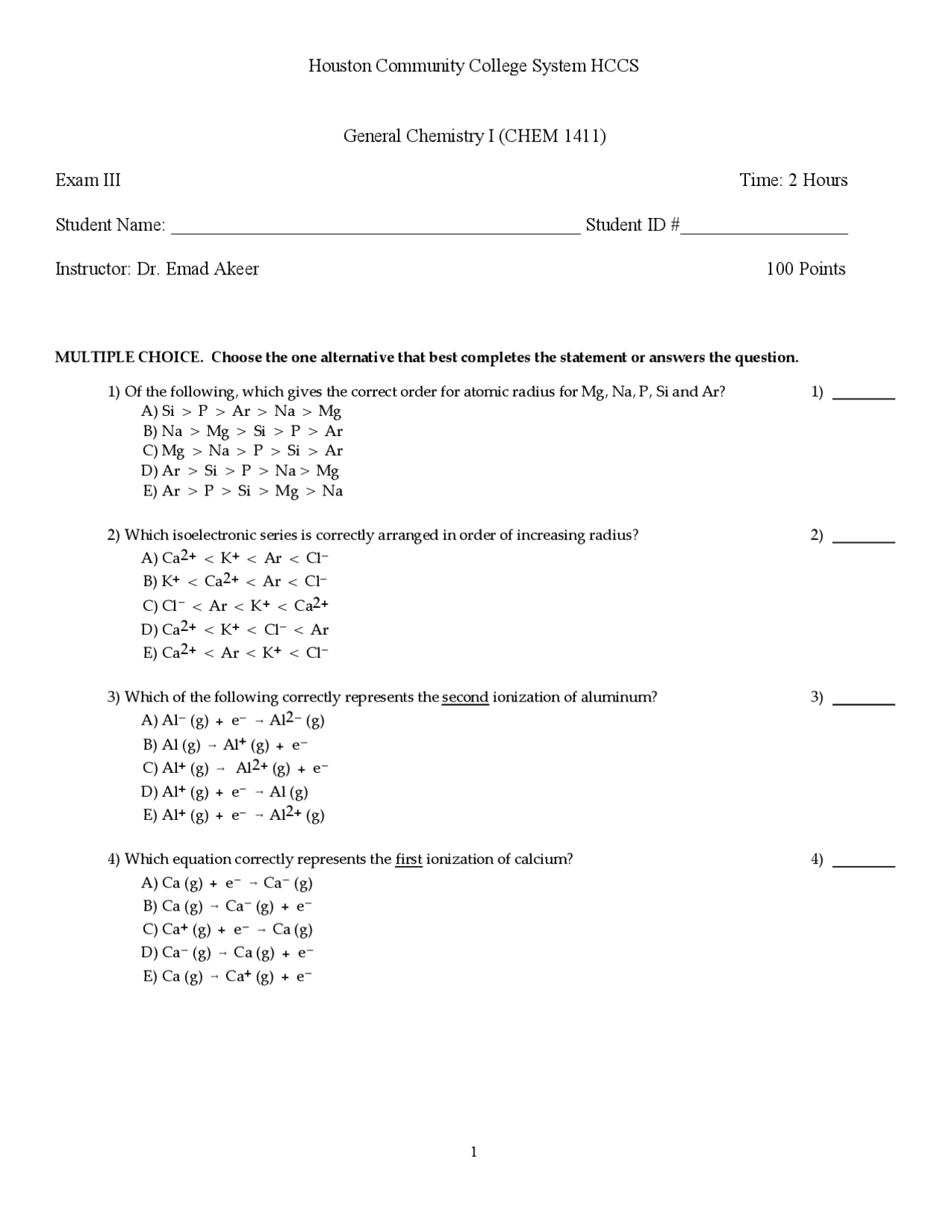 CHEM1411 EXAM 2 spring 2018.tst | Summaries Geometry | Docsity