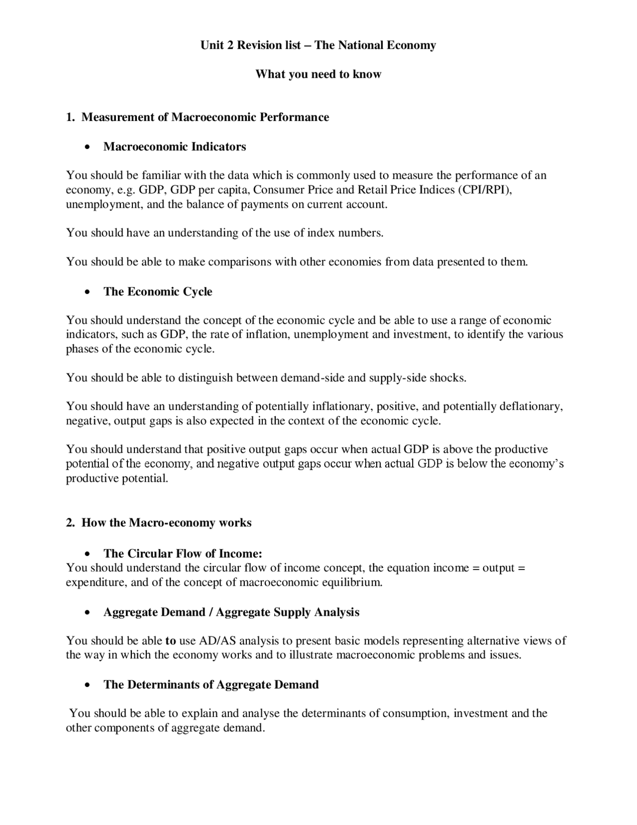 Unit 2 Revision List The National Economy Lecture Notes Economics