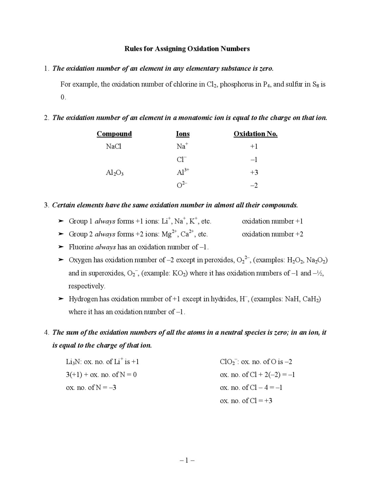 Oxidation Numbers | Study Guides, Projects, Research Chemistry | Docsity