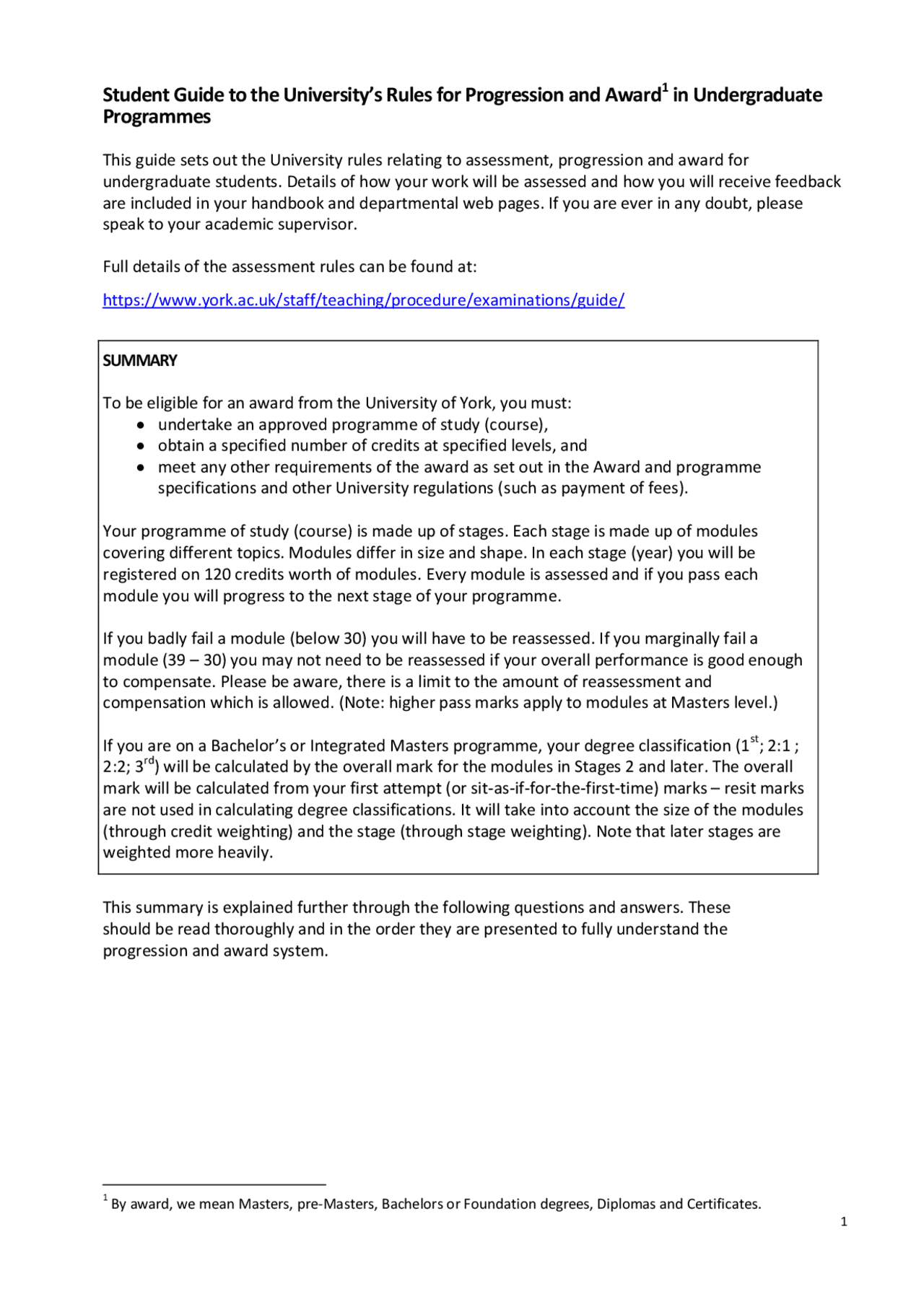 University of York Assessment Rules: Stages, Credits, and Degree Classification | Summaries ...
