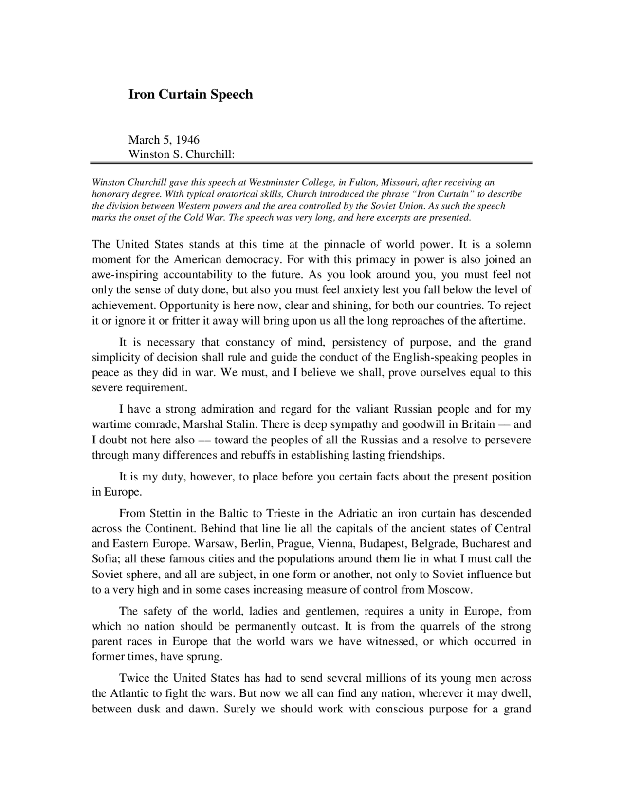 Iron Curtain Speech | Lecture notes Russian | Docsity
