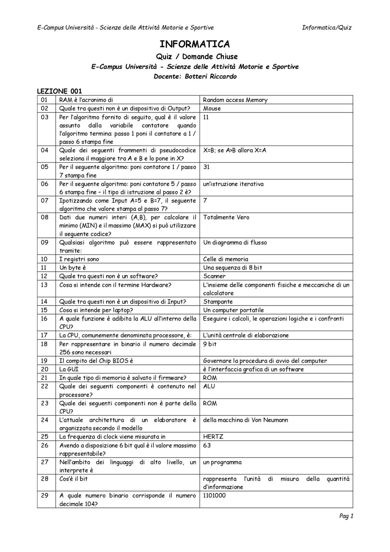 E Campus Scienze Motorie Informatica Quiz Domande Chiuse