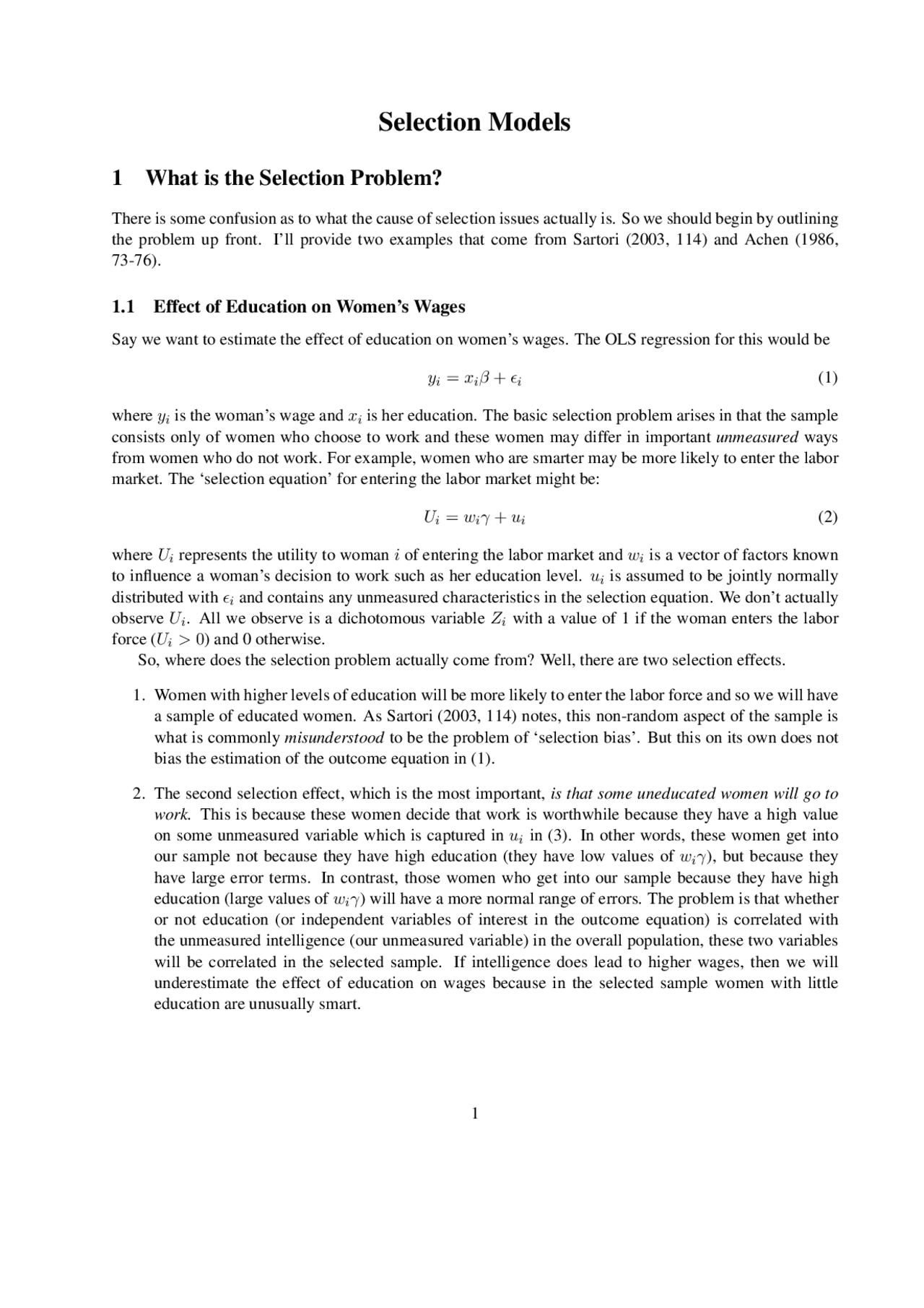 Selection Models Exams Statistics Docsity
