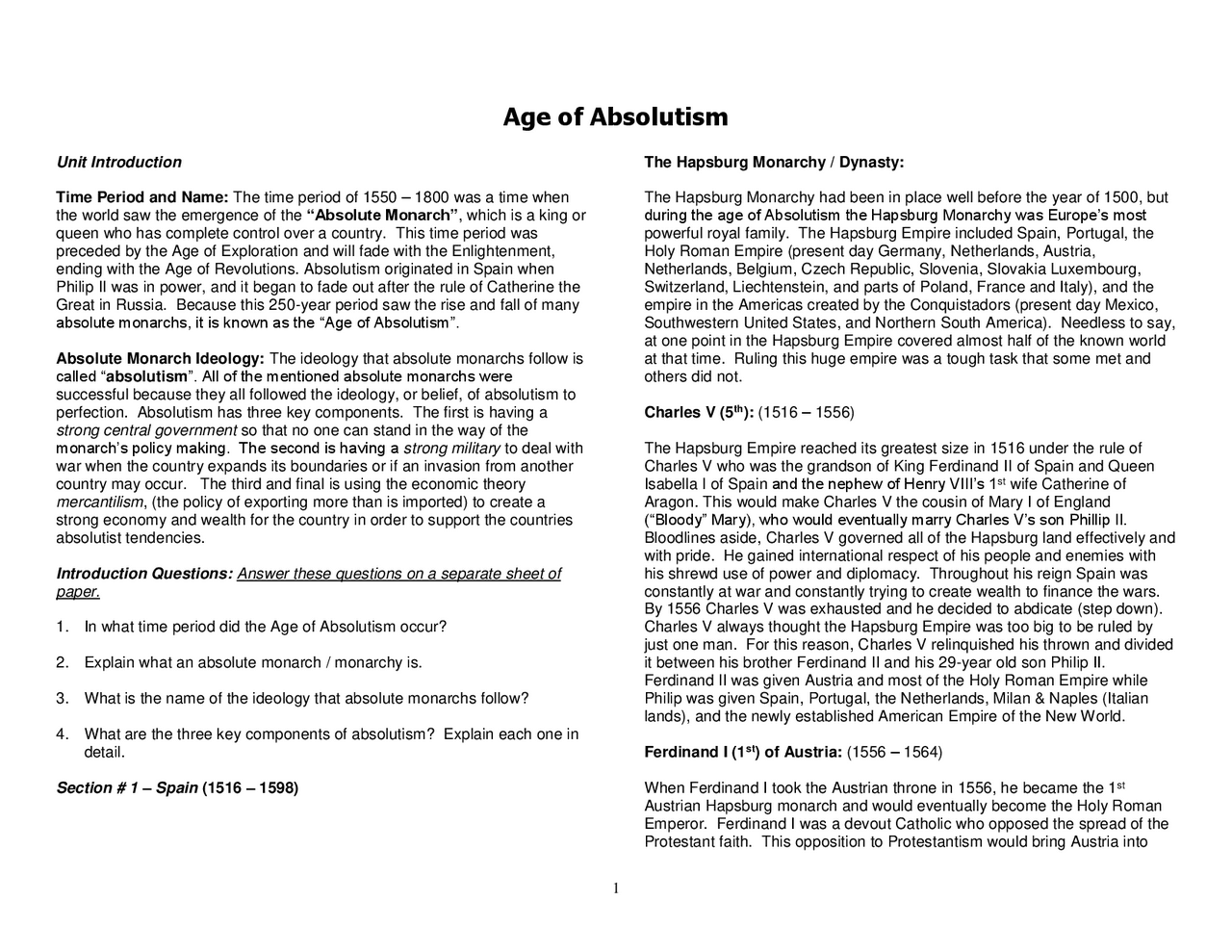 Age of Absolutism | Schemes and Mind Maps Spanish | Docsity