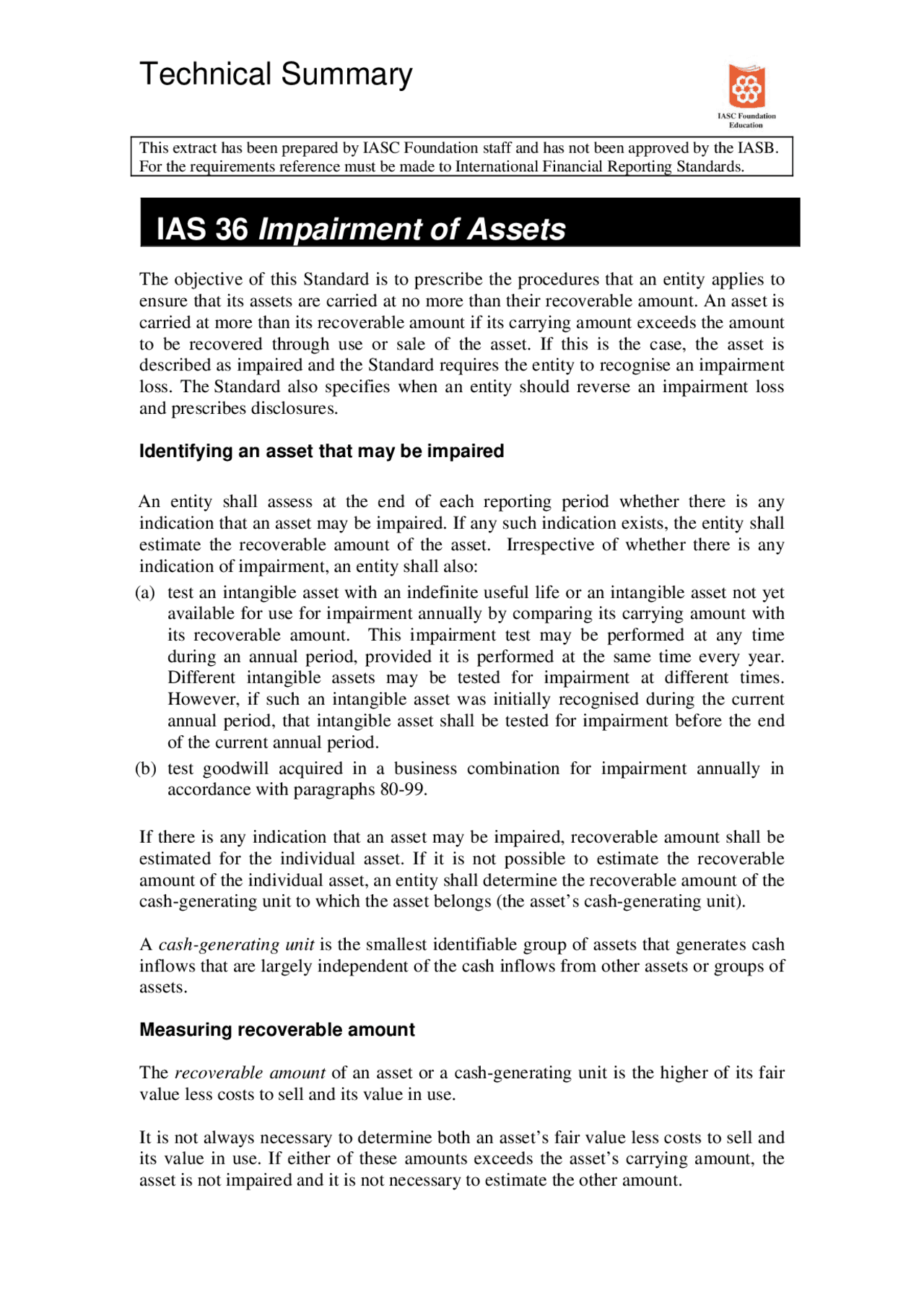 IAS 36 Impairment of Assets | Lecture notes Business | Docsity