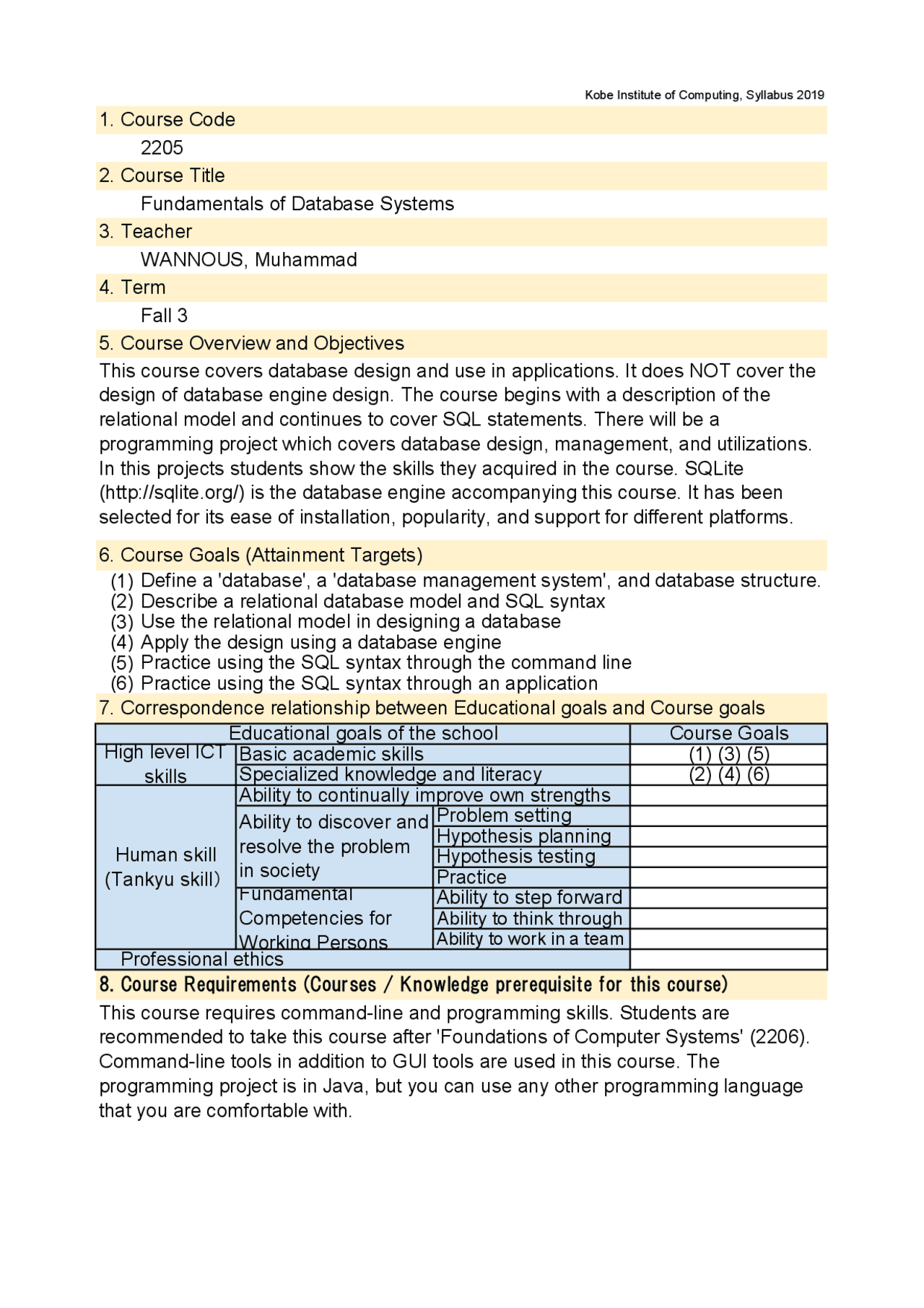 2205-Fundamentals of Database Systems.xlsx | Exercises Design | Docsity