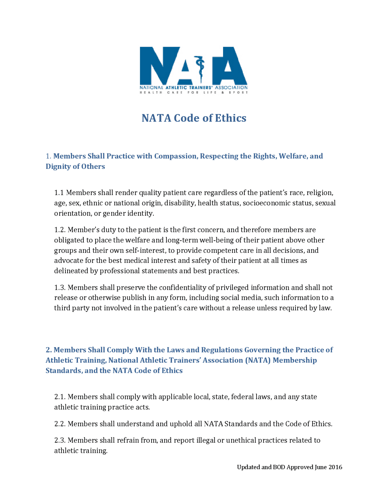 NATA Code of Ethics | Lecture notes Ethics | Docsity