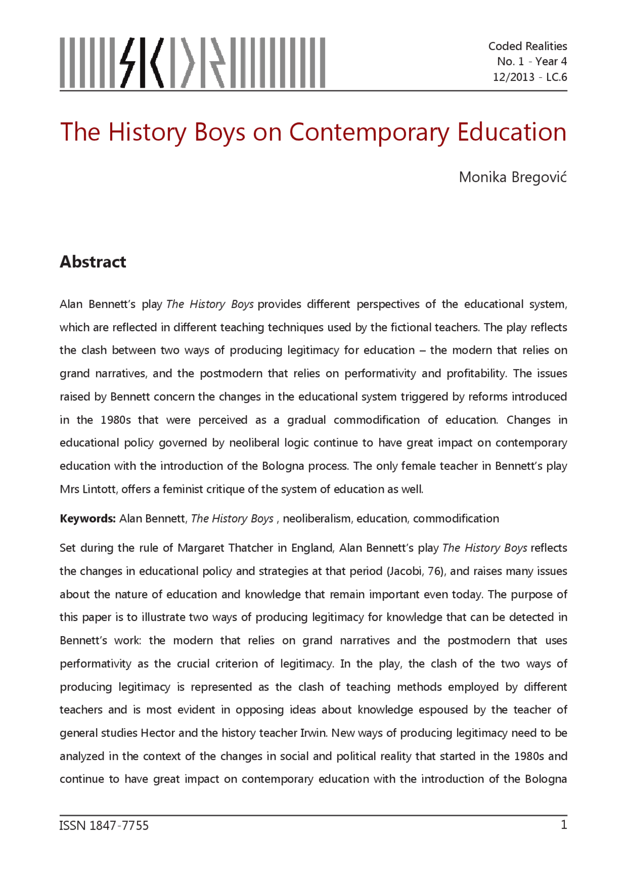 The History Boys on Contemporary Education | Exercises History | Docsity