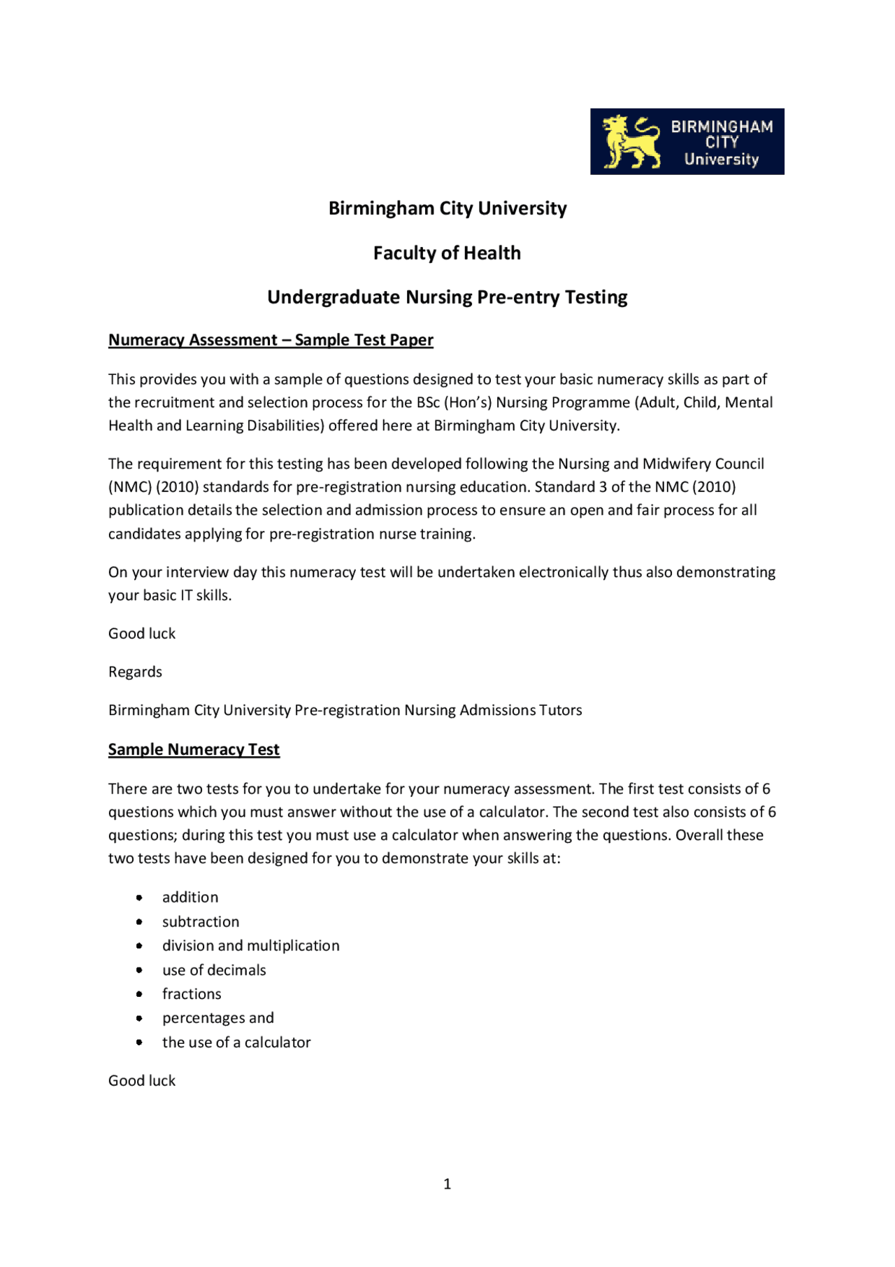 Numeracy Assessment Sample Test Paper Summaries Nursing Docsity