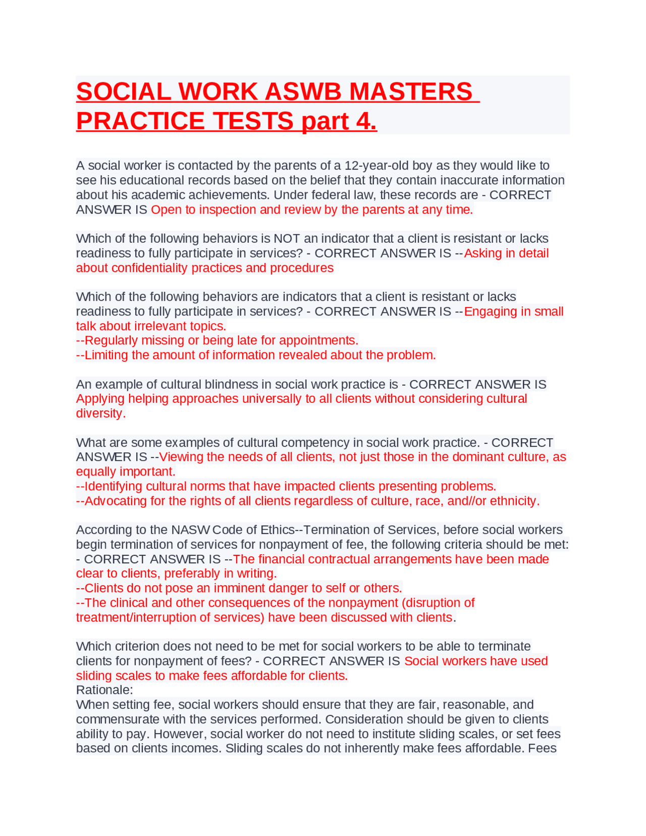 SOCIAL WORK ASWB MASTERS PRACTICE TESTS part 4. | Exams Nursing | Docsity