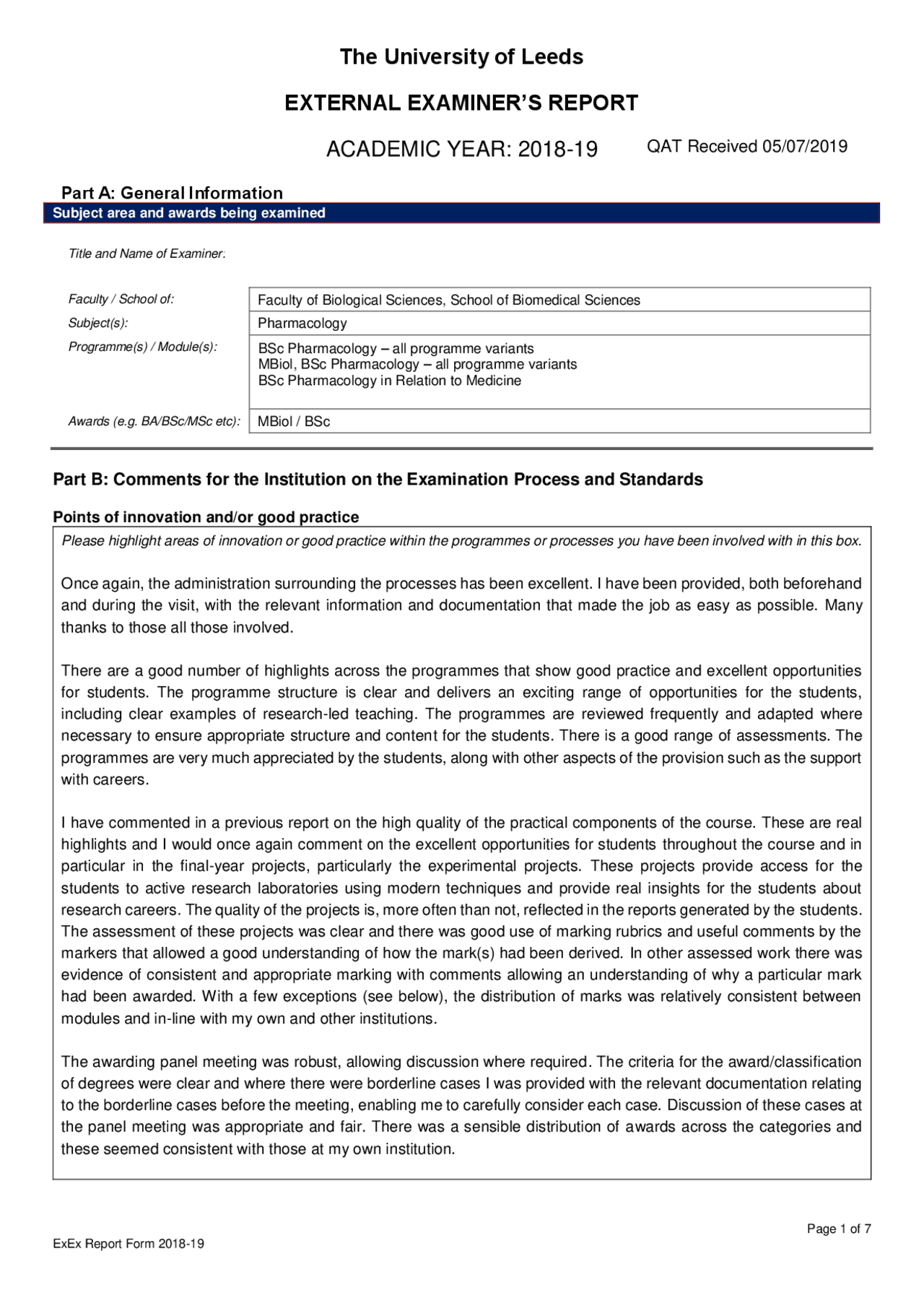 External Examiner Report for Pharmacology Programmes at the University ...