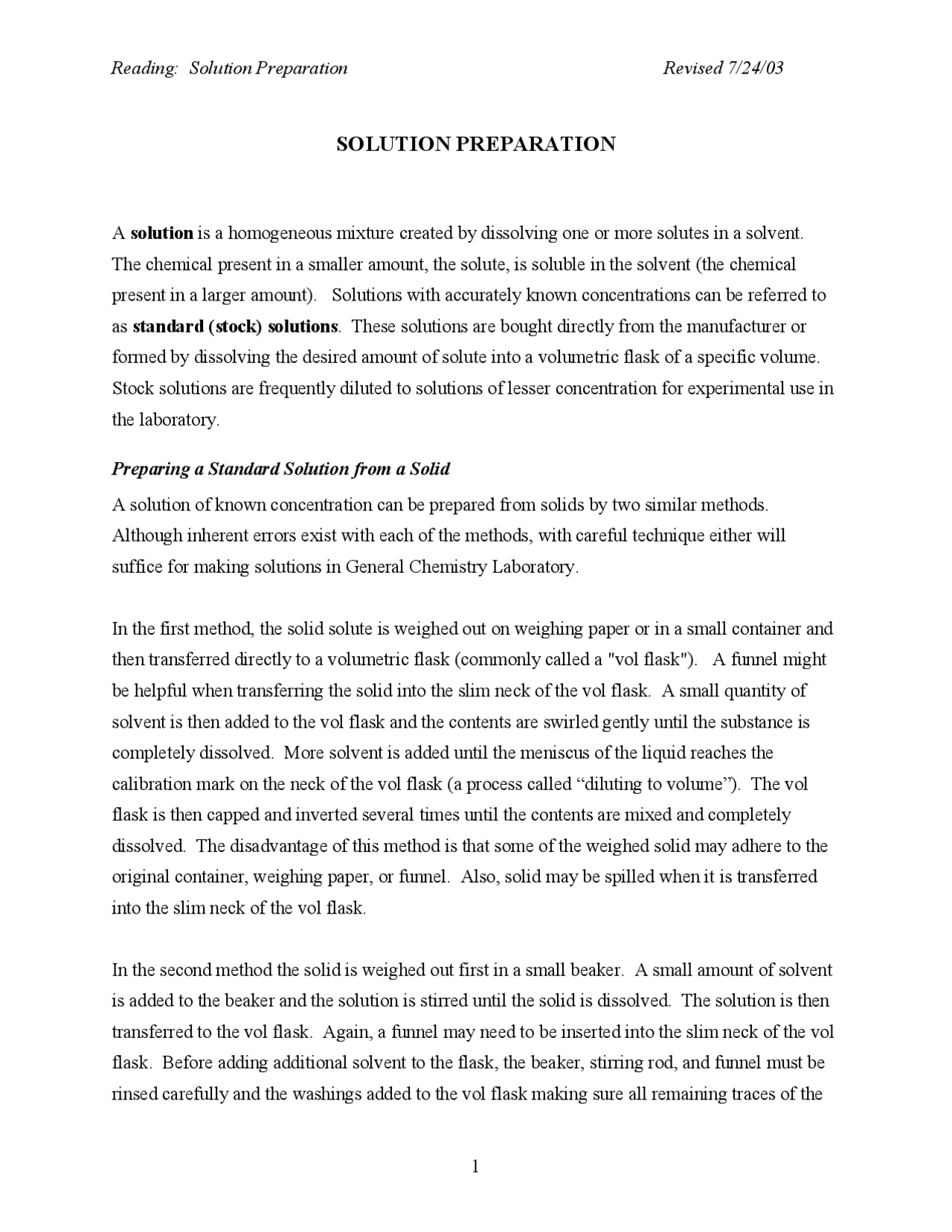 Solution Preparation Summaries Chemistry Docsity