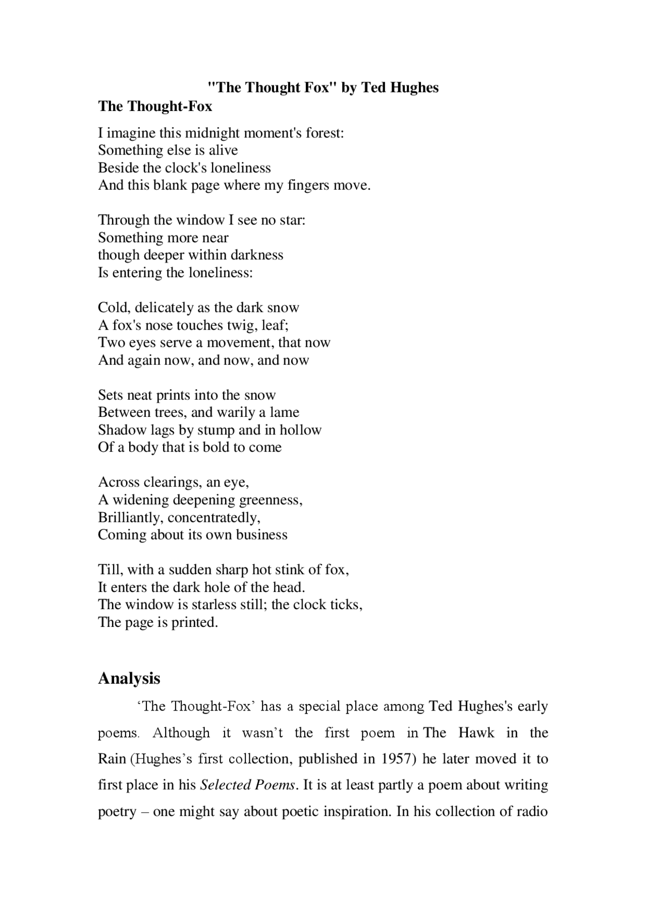 "The Thought Fox" by Ted Hughes | Schemes and Mind Maps Poetry | Docsity