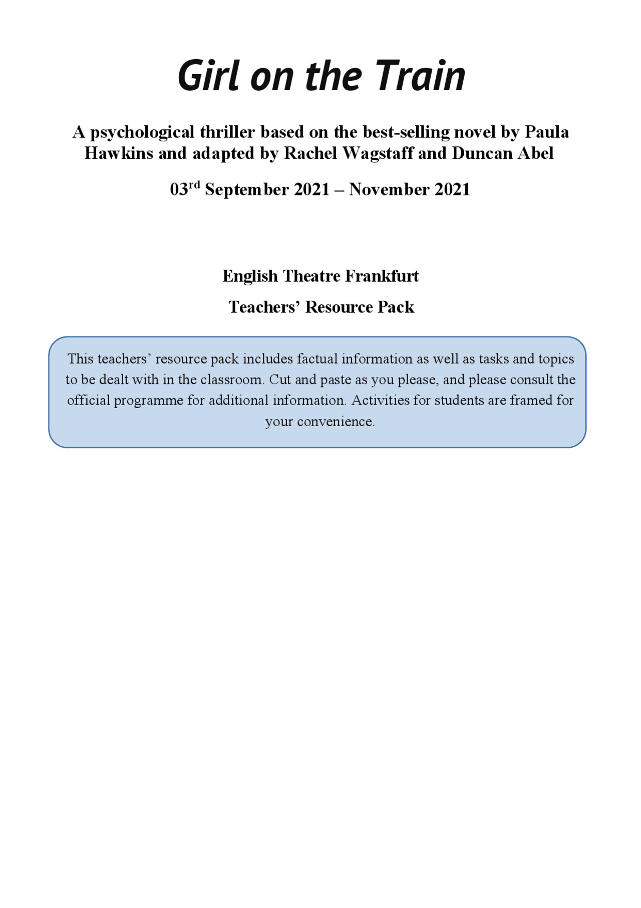 Girl on the Train | English Theatre Frankfurt | Study notes English ...
