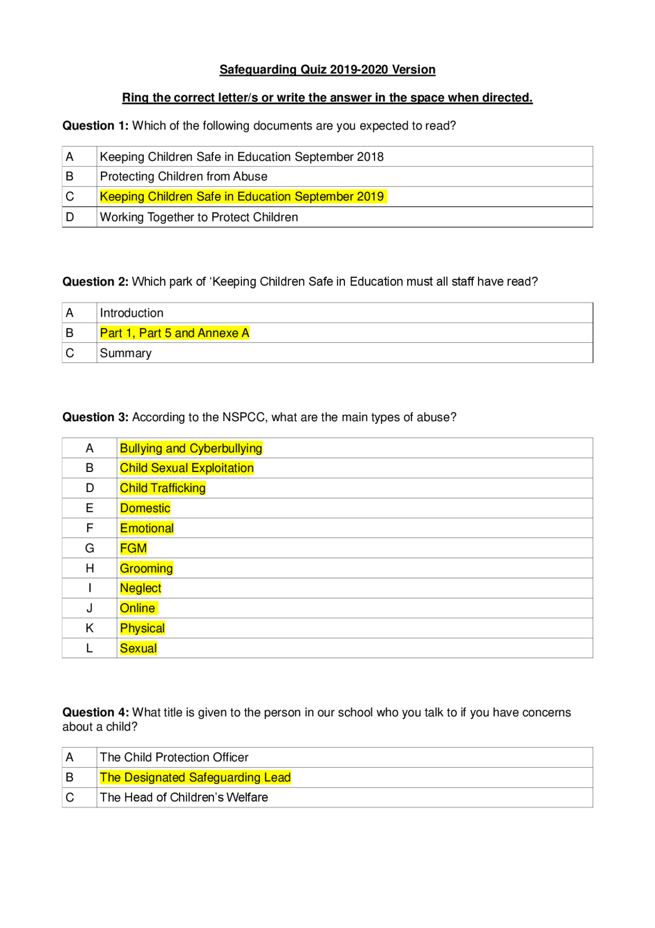 Safeguarding Quiz 2019-2020 Version | Exercises Sociology of Childhood ...