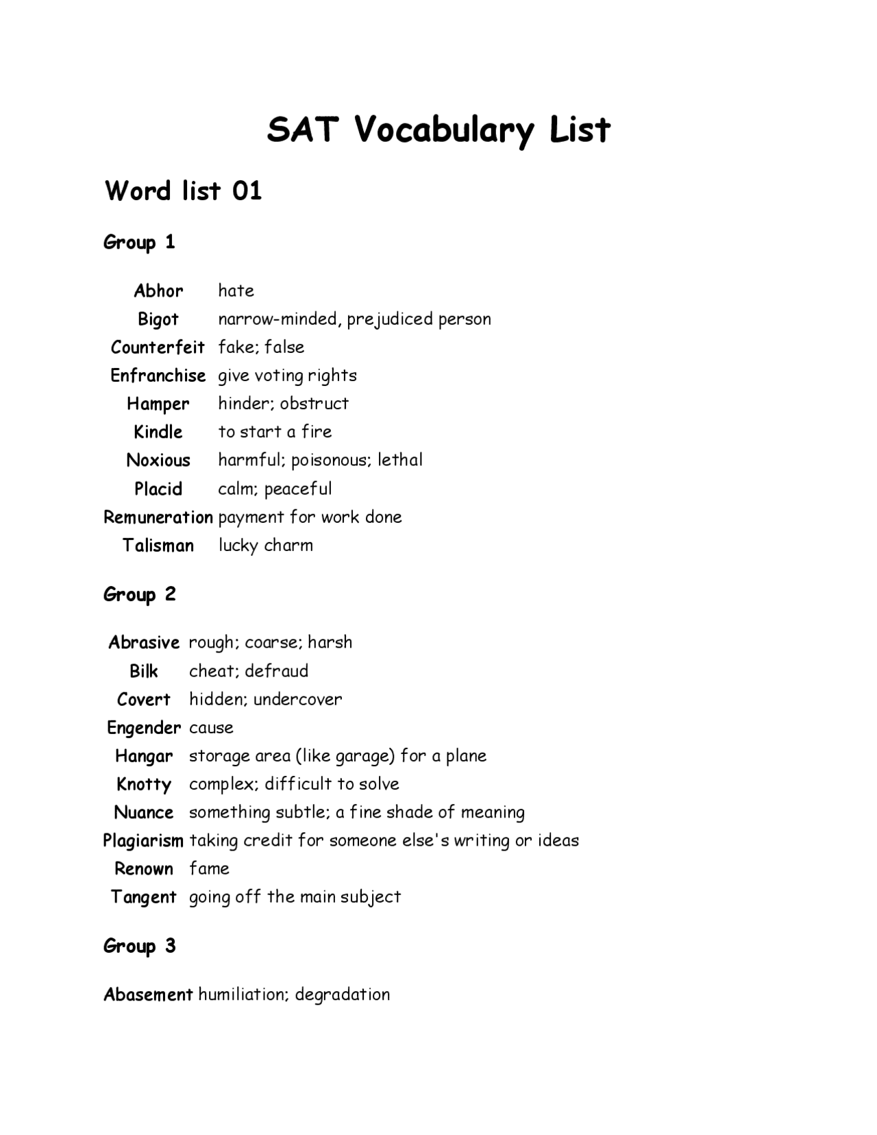 SAT Vocabulary List | Summaries Medicine | Docsity