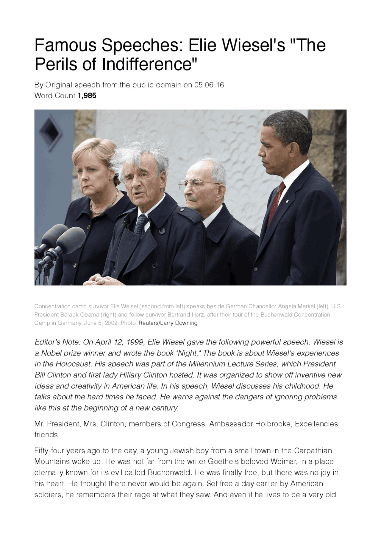 Famous Speeches: Elie Wiesel's "The Perils of Indifference" | Study ...