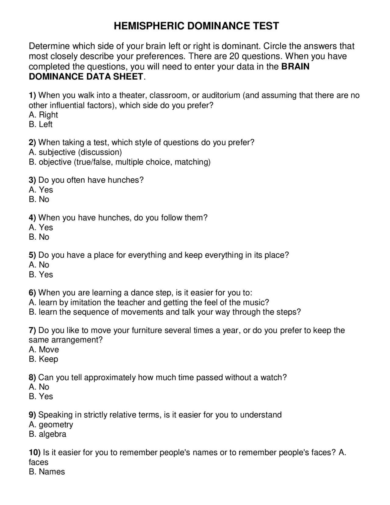 Brain Hemisphere Dominance Test | Lecture notes Dance | Docsity