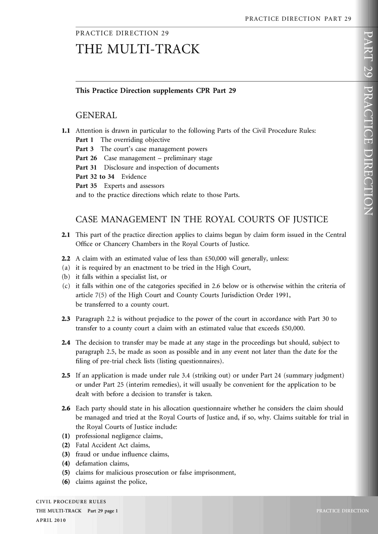 Practice Direction 29: The Multi-Track in the Royal Courts of Justice ...