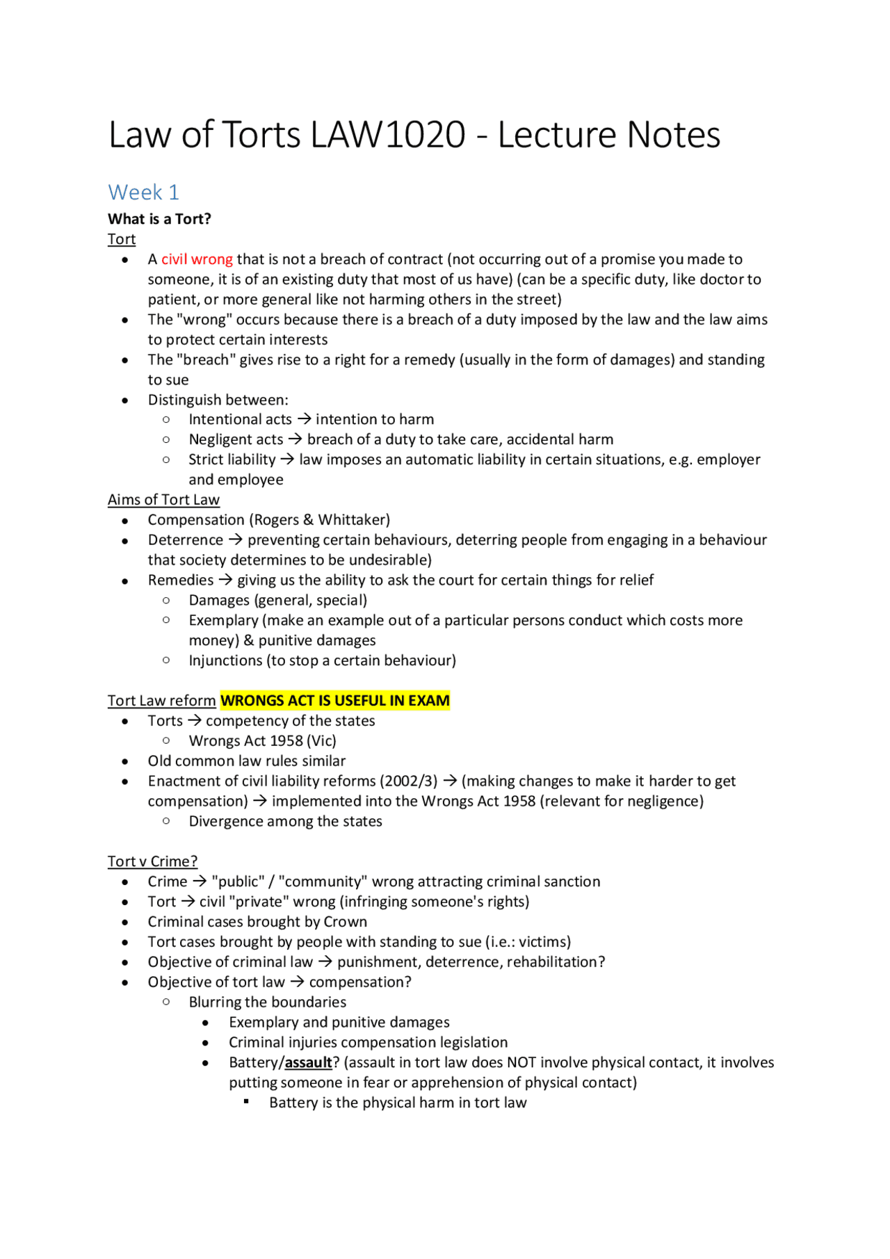 Law of Torts LAW1020 - Lecture Notes | Study notes Law | Docsity