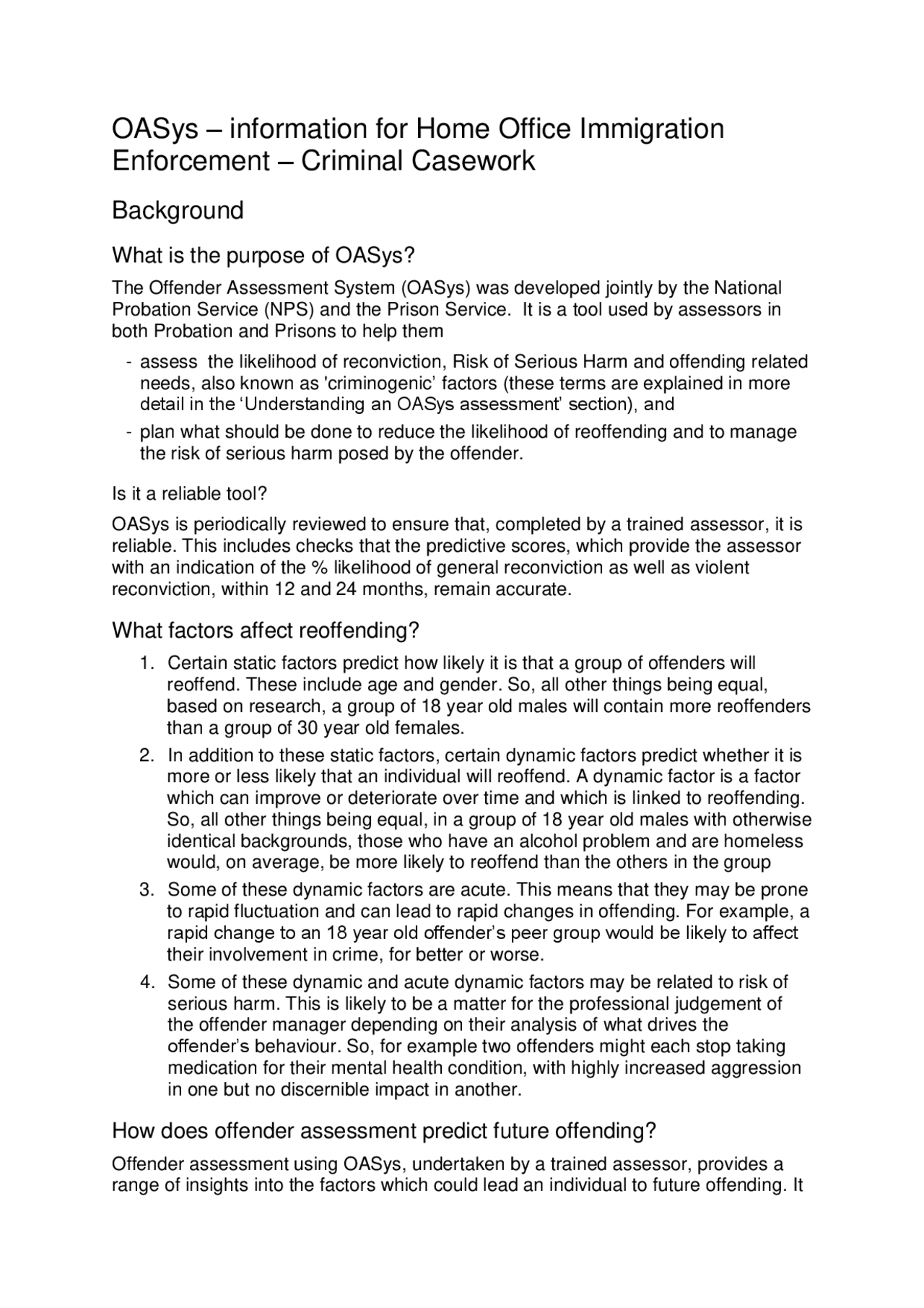 Offender Assessment using OASys: Predicting Future Offending and ...