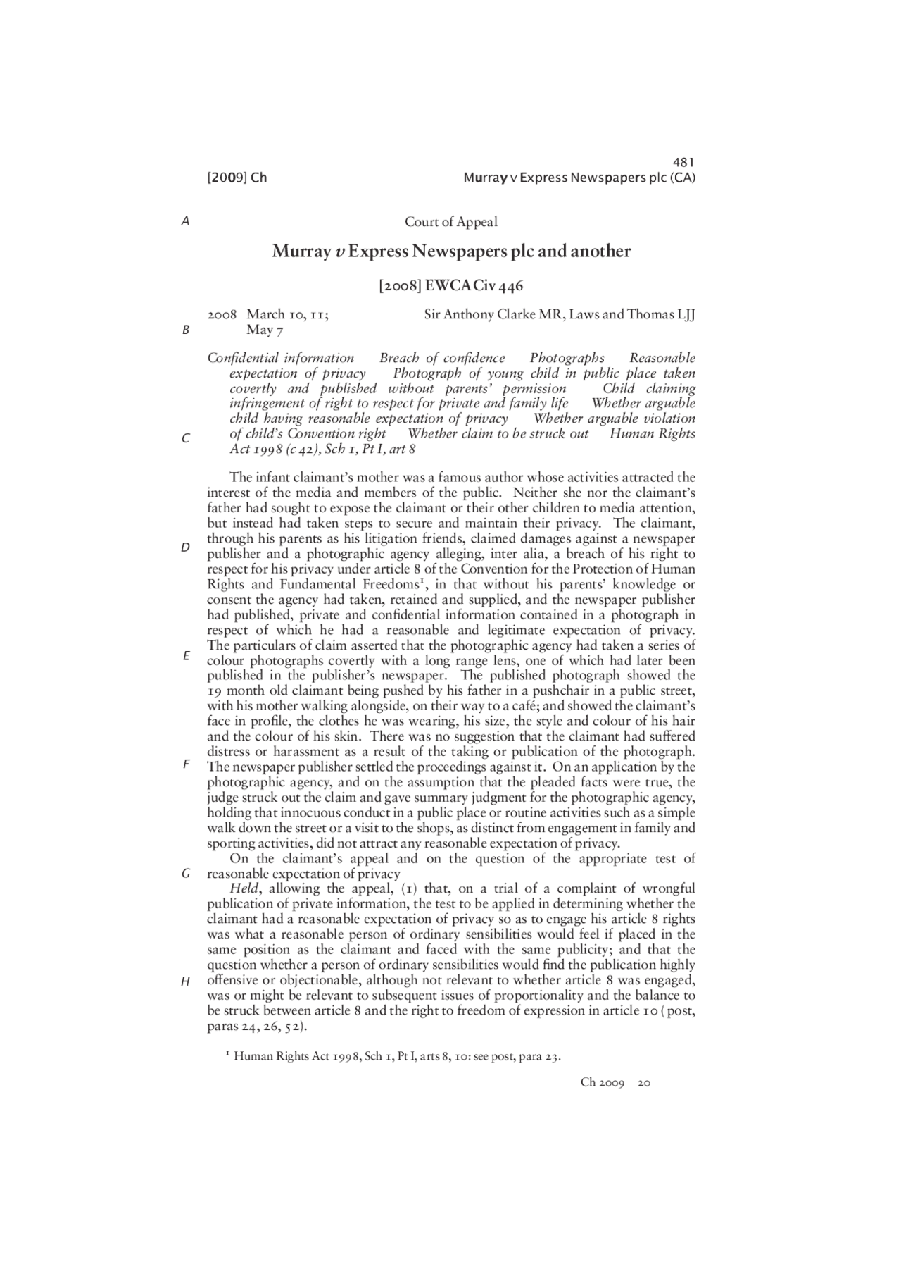 Murray v Express Newspapers plc and another | Exercises Law | Docsity