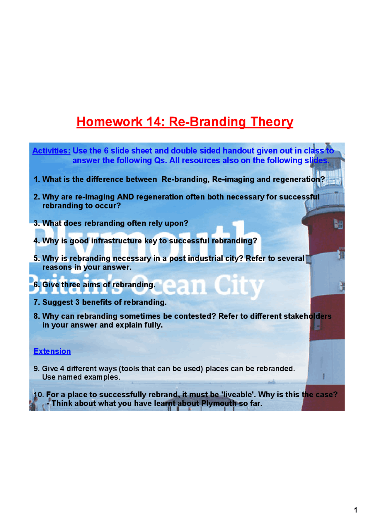 Homework 14: ReBranding Theory | Study notes Geography | Docsity