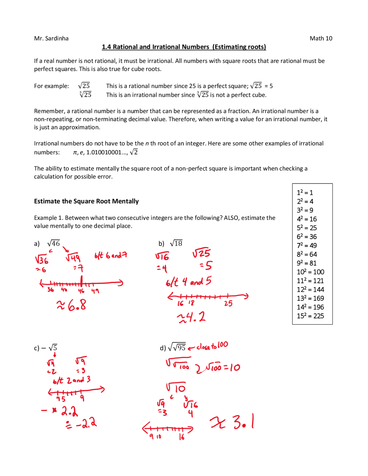 14 Rational And Irrational Numbers Estimating Roots Lecture Notes