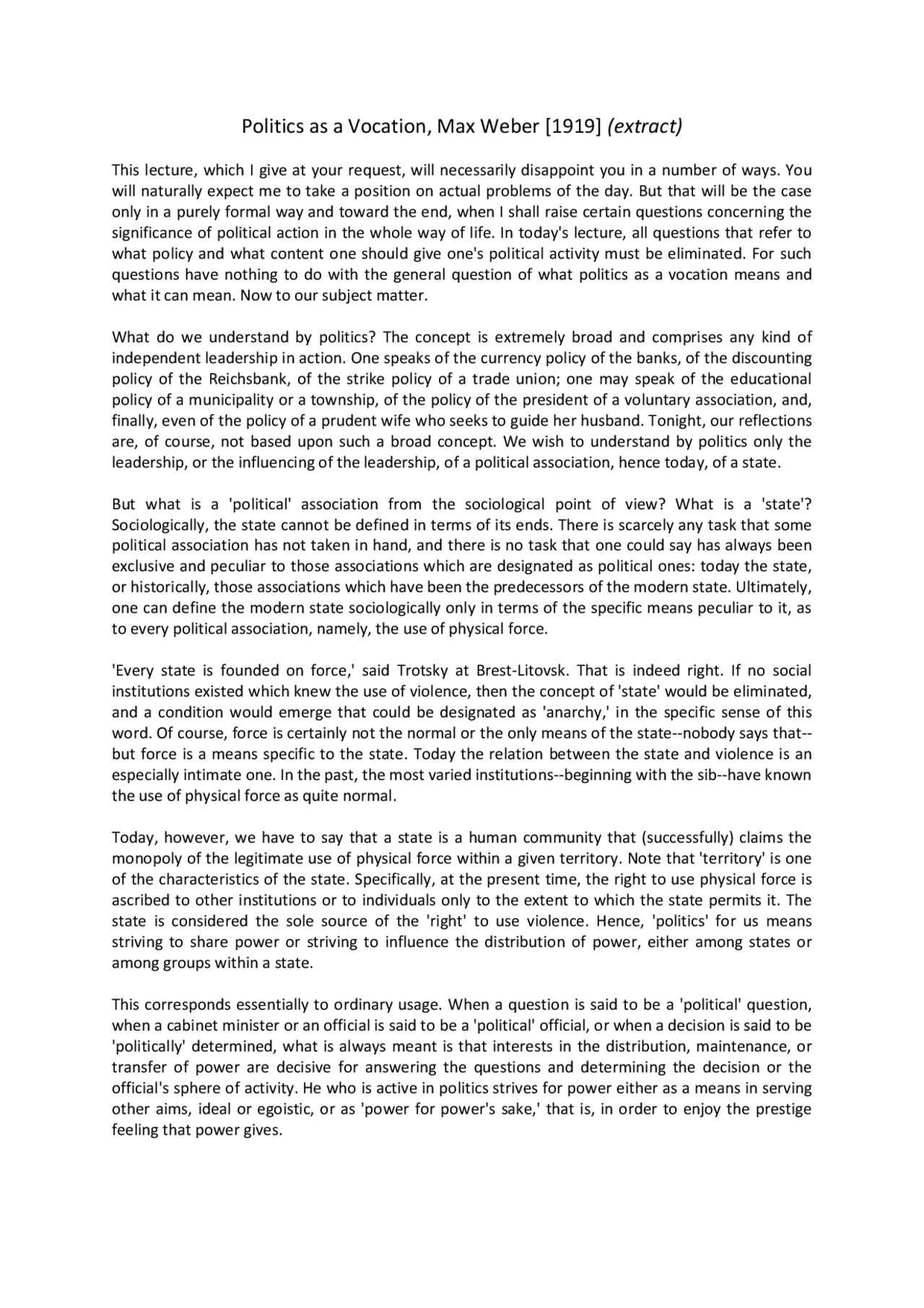 Politics as a Vocation, Max Weber [1919] (extract) | Exams Political ...