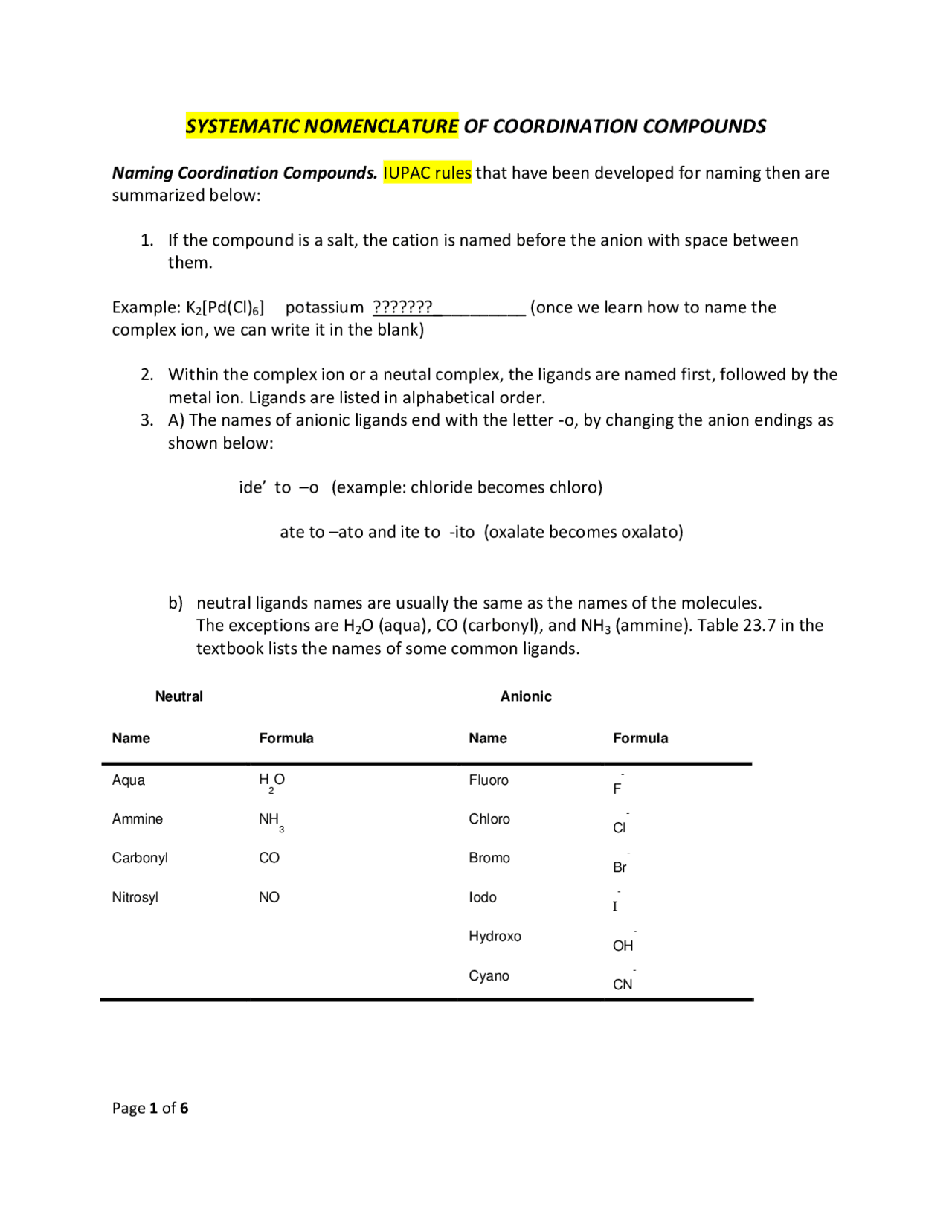 Systematic Nomenclature Of Coordination Lecture Notes Chemistry
