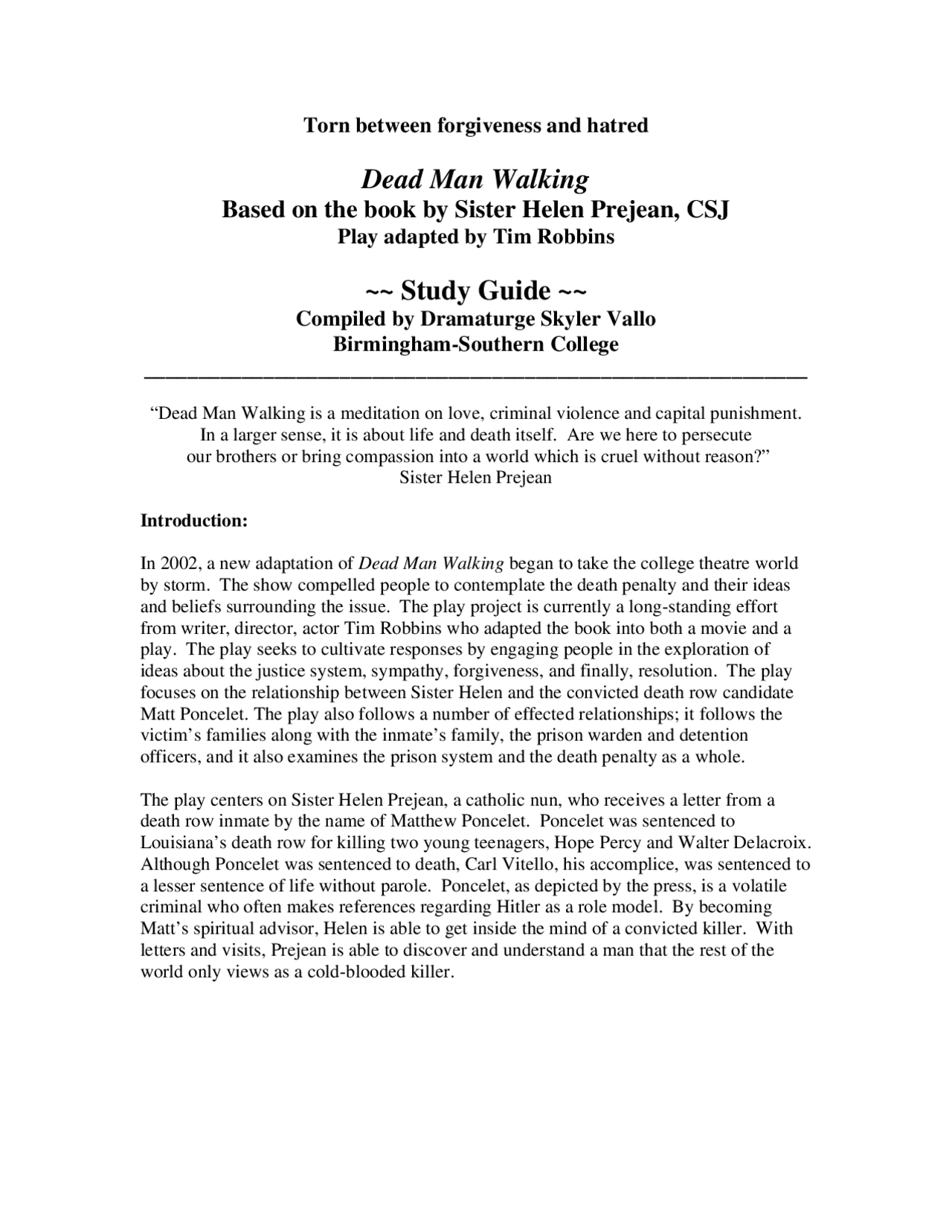 Dead Man Walking ~~ Study Guide ~~ | Exams Theatre | Docsity