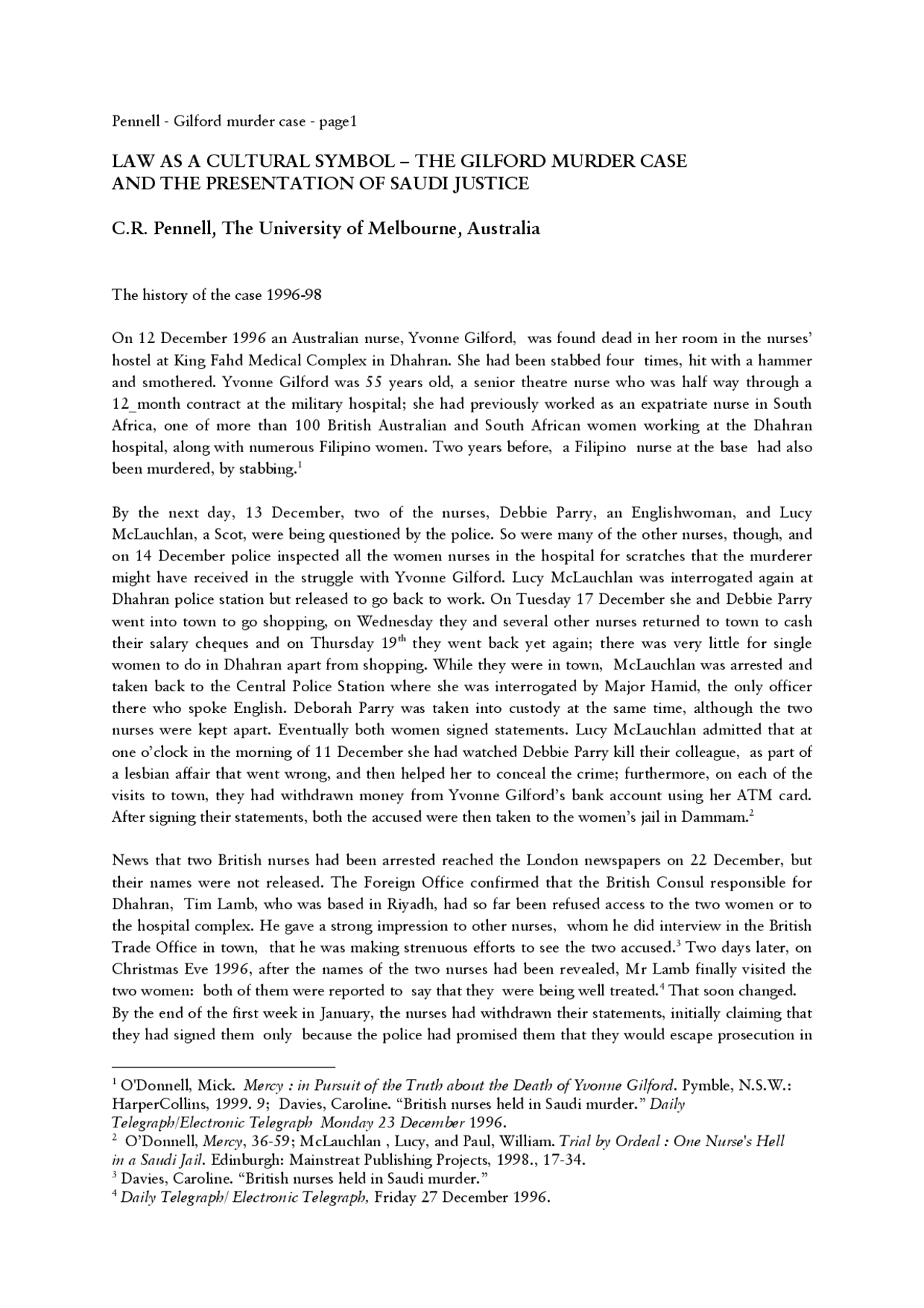 Pennell Gilford Murder Case Lecture Notes Law Docsity