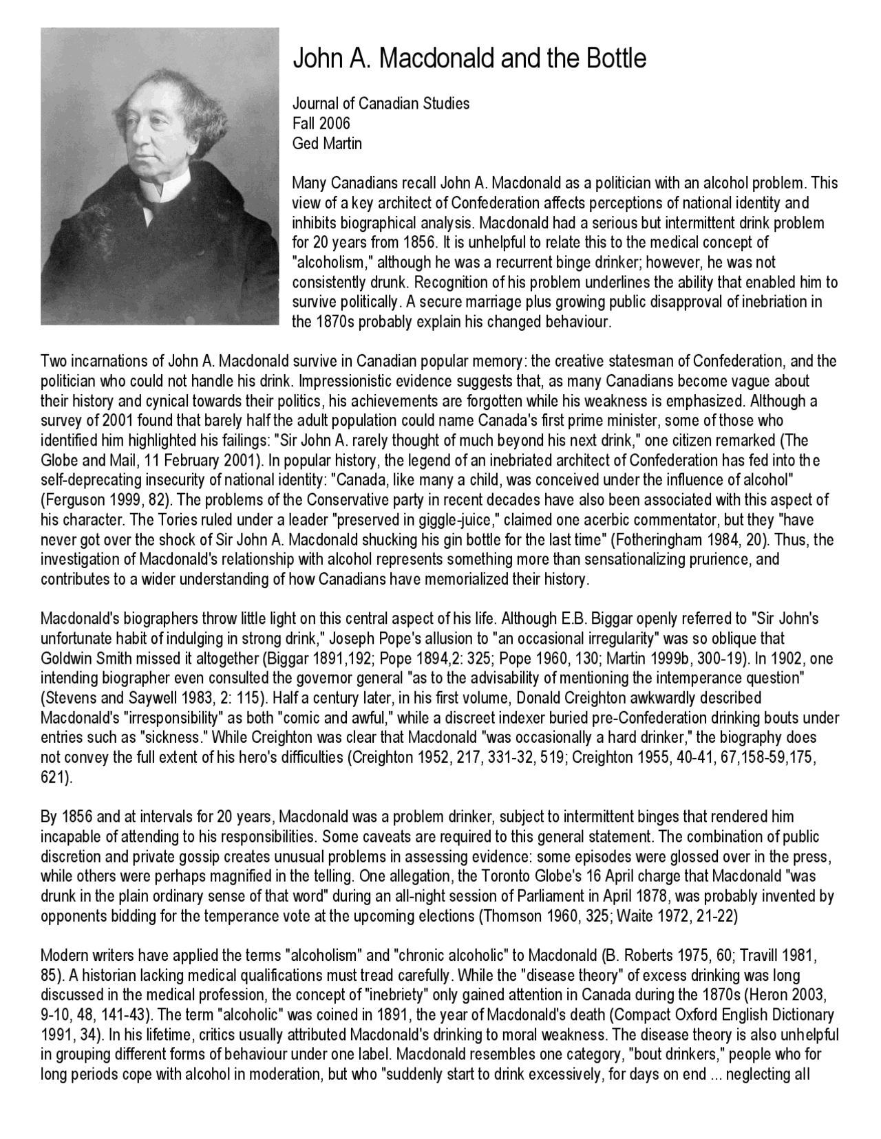 John A. Macdonald's Complex Relationship with Alcohol: A Key Aspect of ...