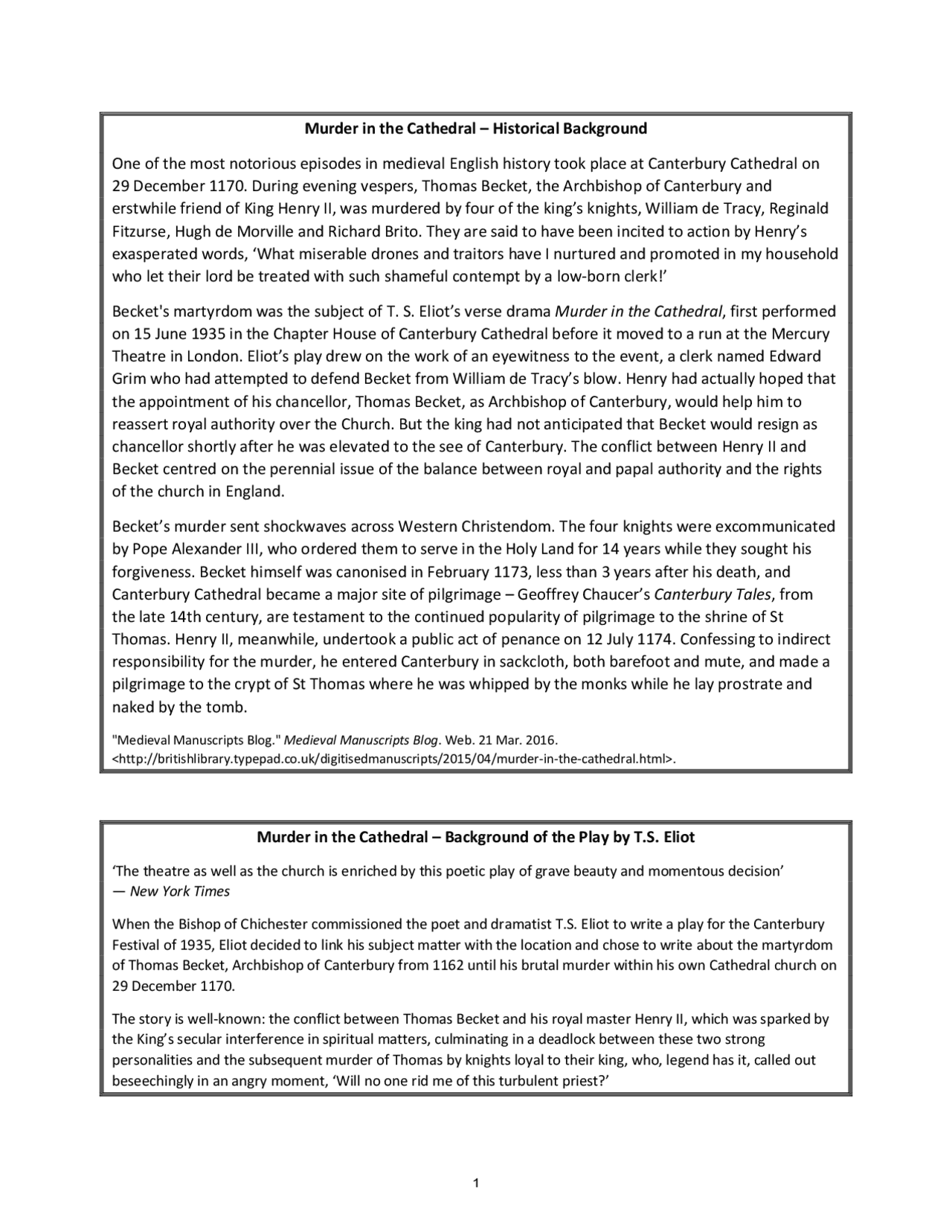 Murder in the Cathedral – Historical Background | Study notes Theatre ...