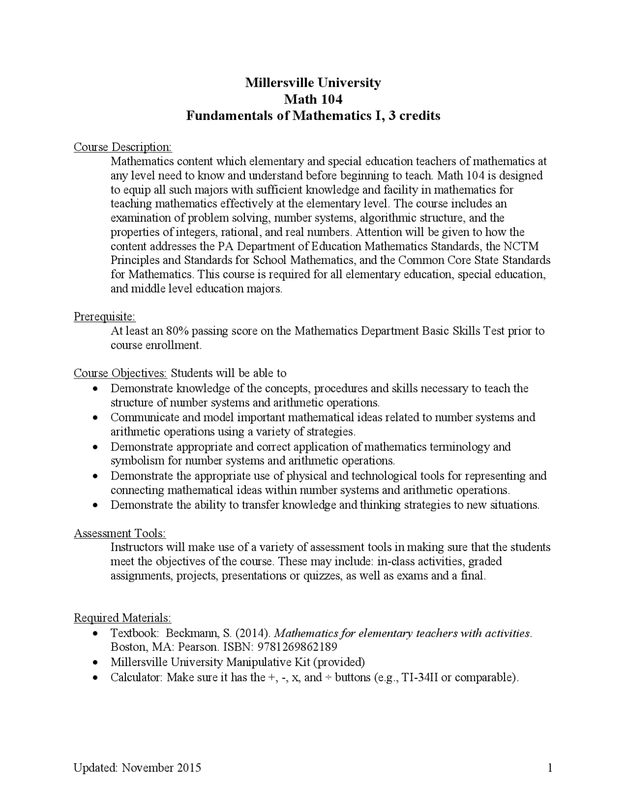 Millersville University Math 104 Fundamentals of Mathematics ...