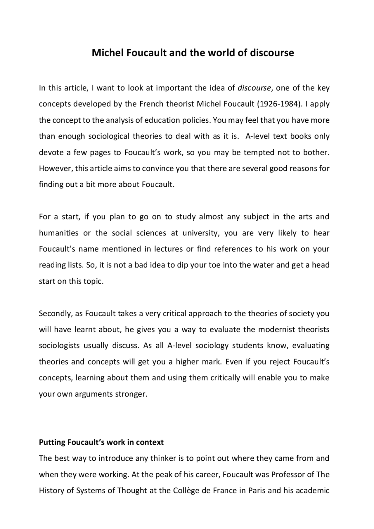 Michel Foucault and the world of discourse | Lecture notes Sociology ...